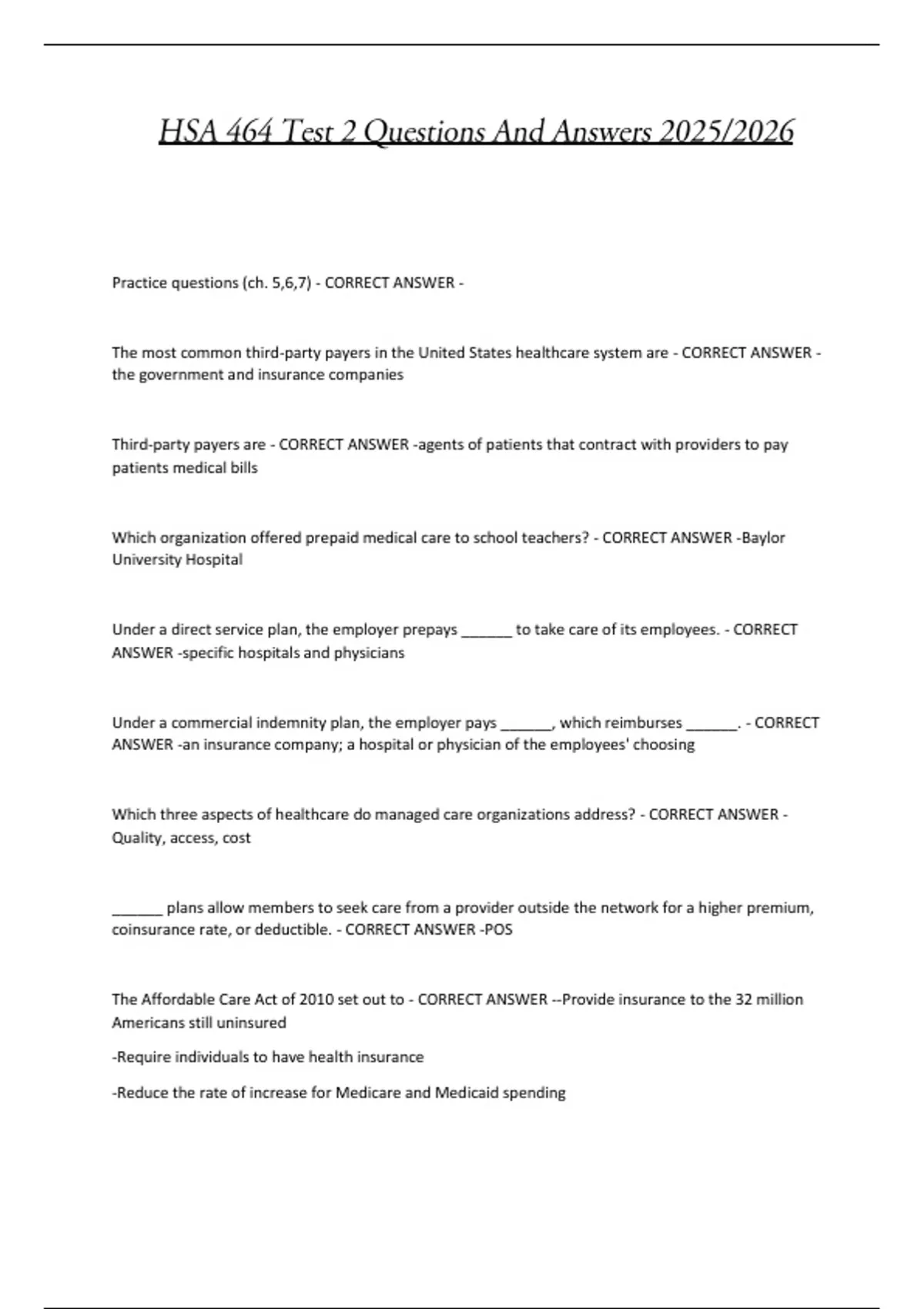HSA 464 Test 2 Questions And Answers 2025/2026 - HSA 464 - Stuvia US