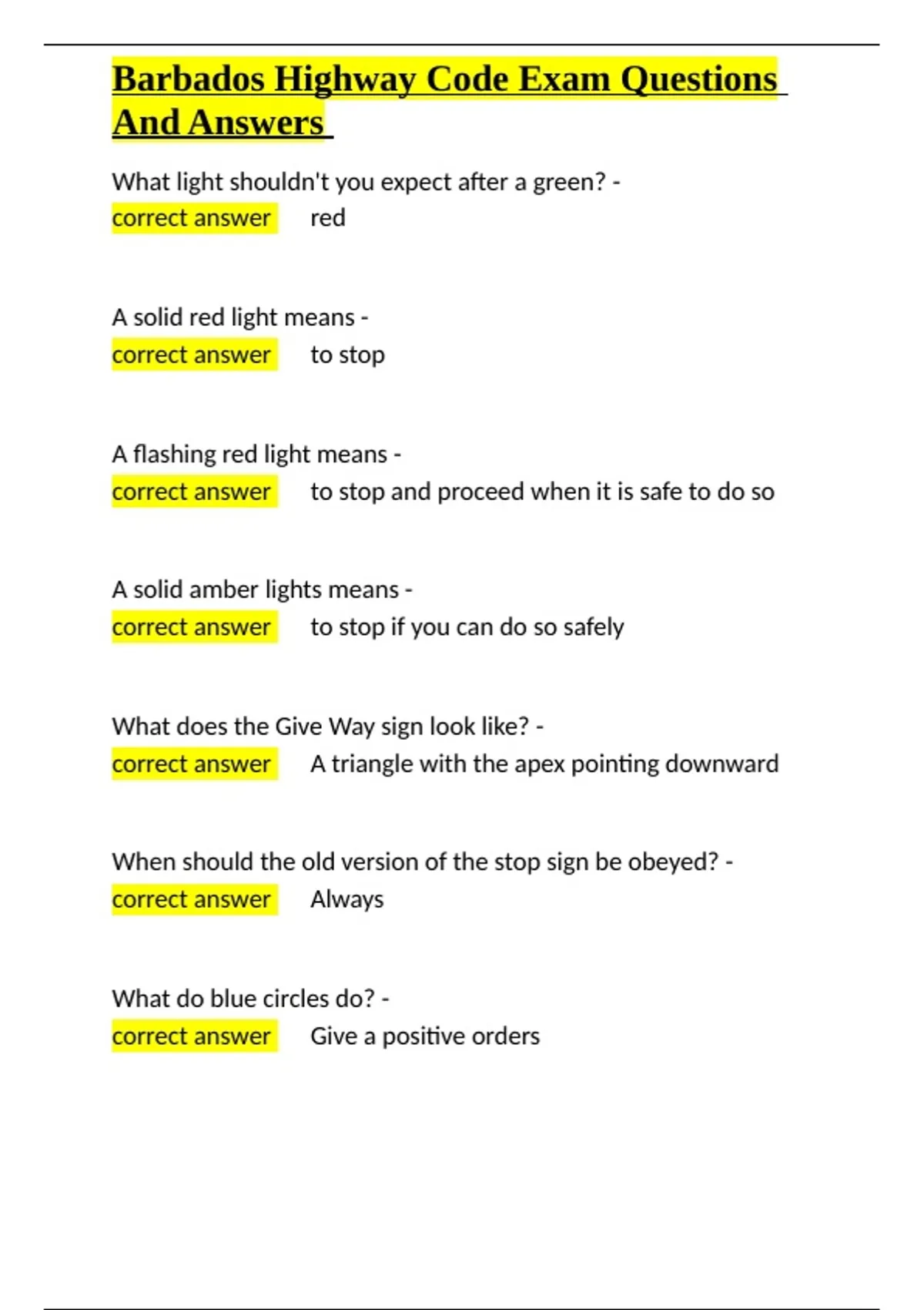 Barbados Highway Code Exam Questions And Answers.docx - 2026 - Stuvia US