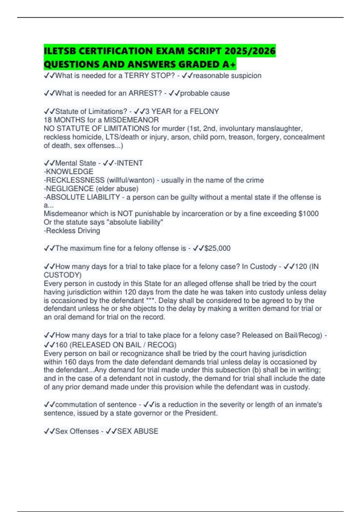 ILETSB CERTIFICATION EXAM SCRIPT 2025/2026 QUESTIONS AND ANSWERS GRADED ...