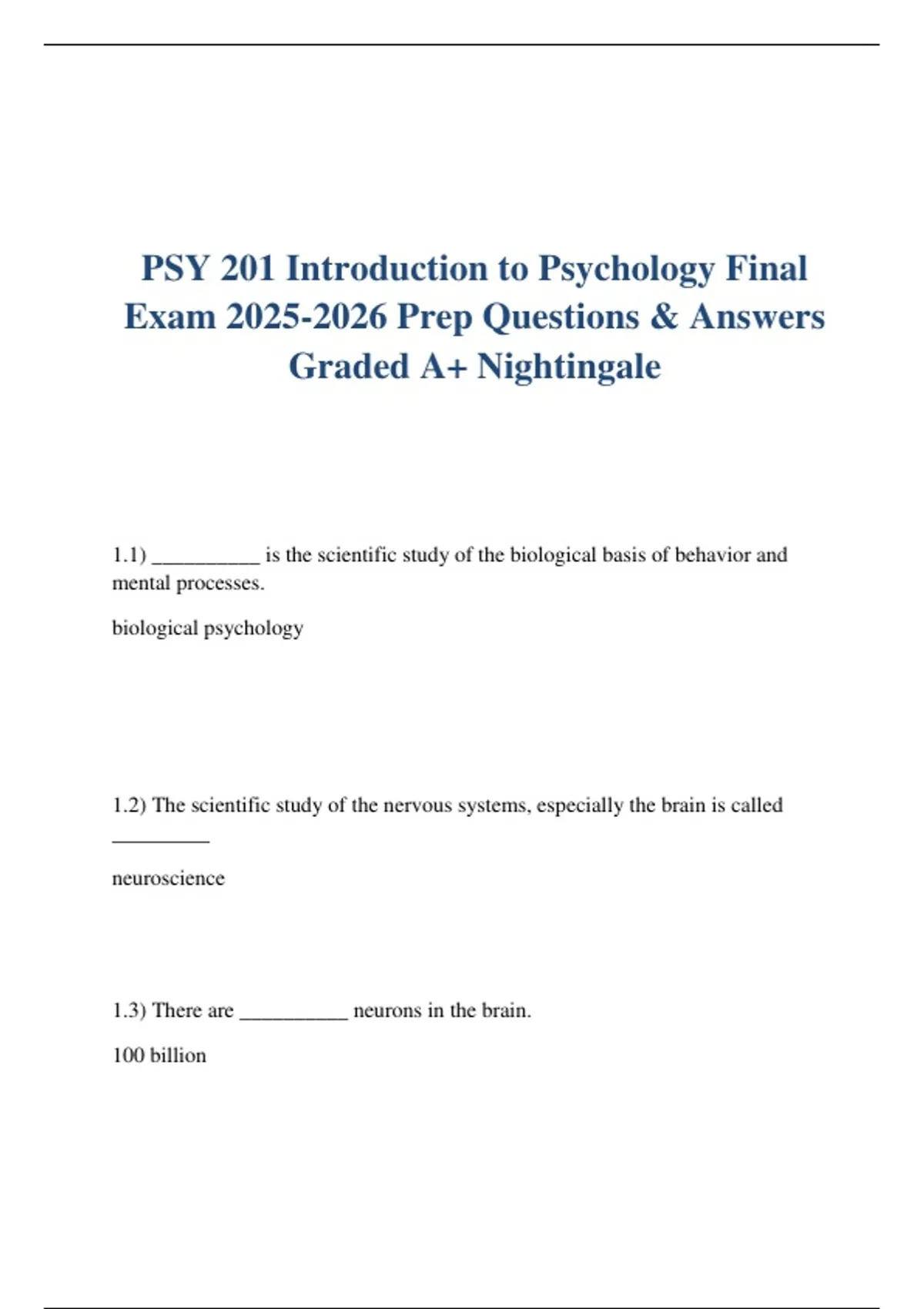 PSY 201 Introduction to Psychology Final Exam Prep Questions & Answers ...
