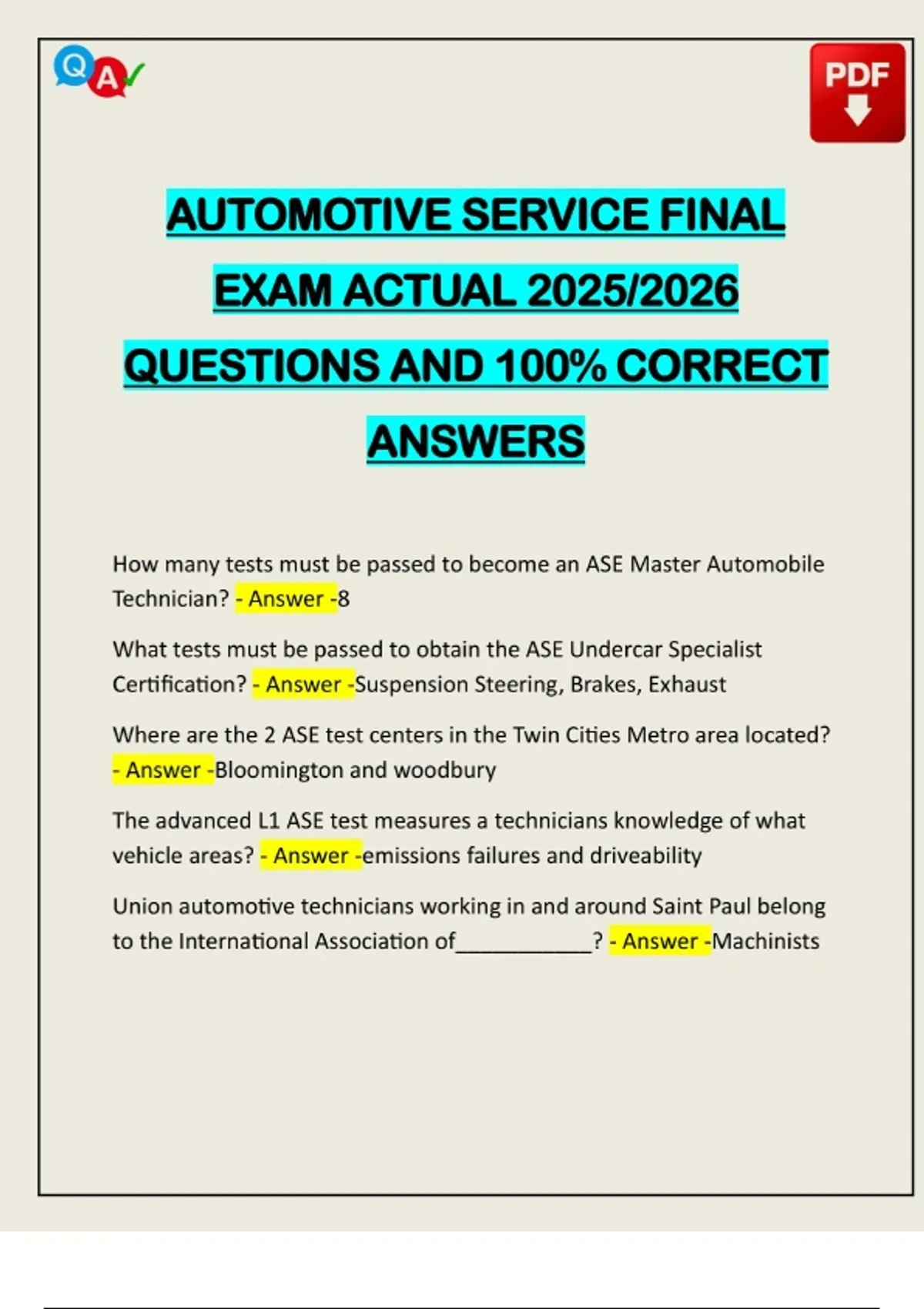 AUTOMOTIVE SERVICE FINAL EXAM ACTUAL 2025/2026 QUESTIONS AND 100% ...