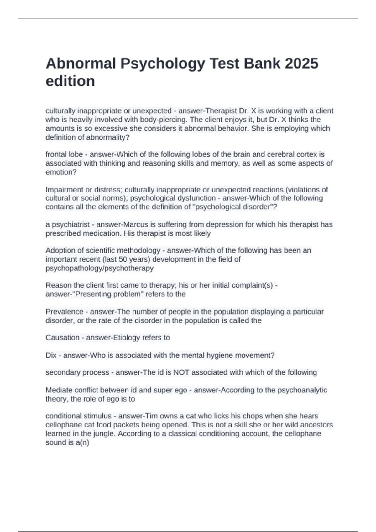 Abnormal Psychology Test Bank 2025 edition - Social Psychology - Stuvia US