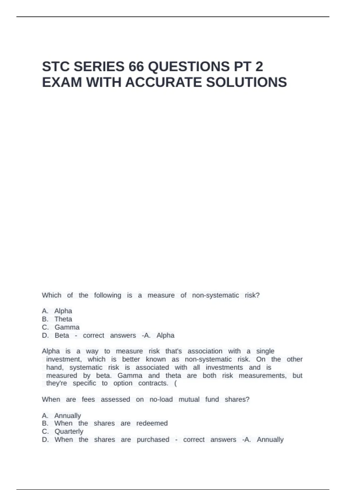 STC SERIES 66 QUESTIONS PT 2 EXAM WITH ACCURATE SOLUTIONS - STC Series ...