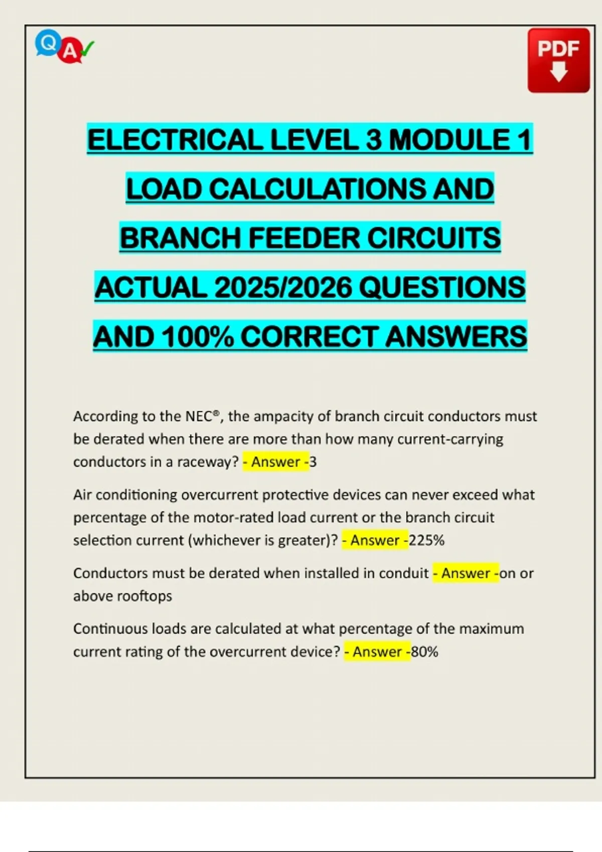 ELECTRICAL LEVEL 3 MODULE 1 LOAD CALCULATIONS AND BRANCH FEEDER CIRCUITS ACTUAL 2025/2026 ...