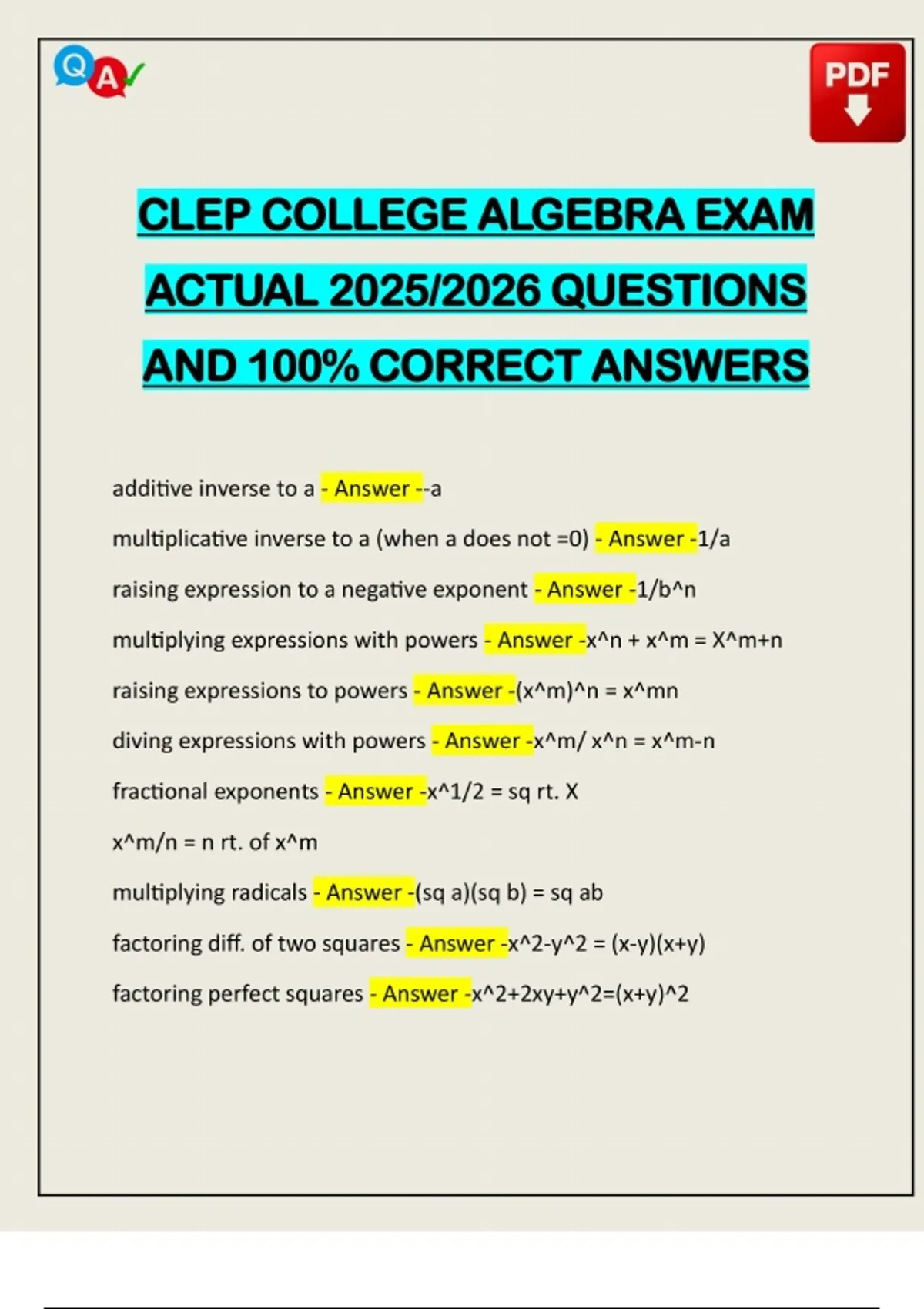CLEP COLLEGE ALGEBRA EXAM ACTUAL 2025/2026 QUESTIONS AND 100% CORRECT ...