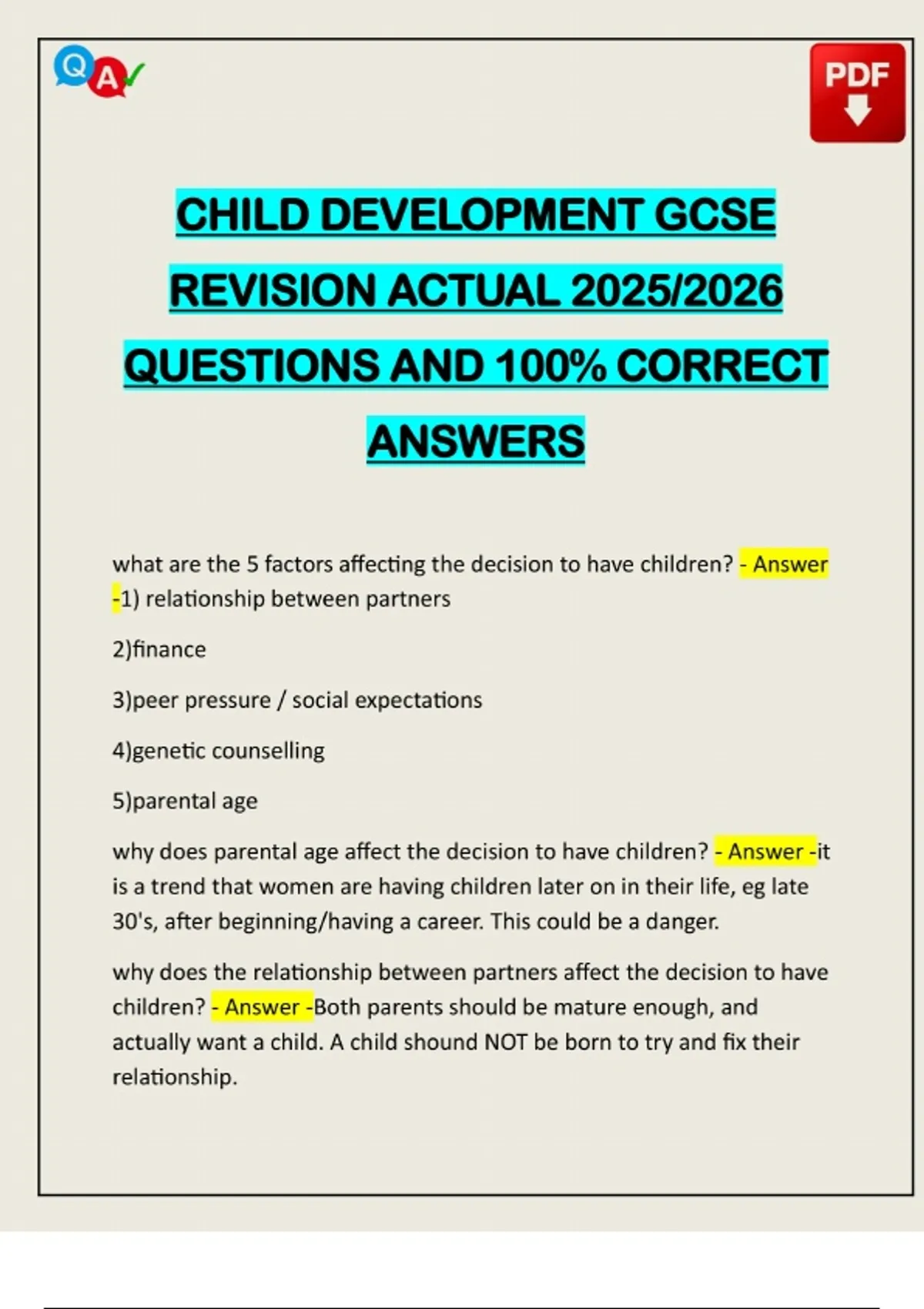 CHILD DEVELOPMENT GCSE REVISION ACTUAL 2025/2026 QUESTIONS AND 100% ...