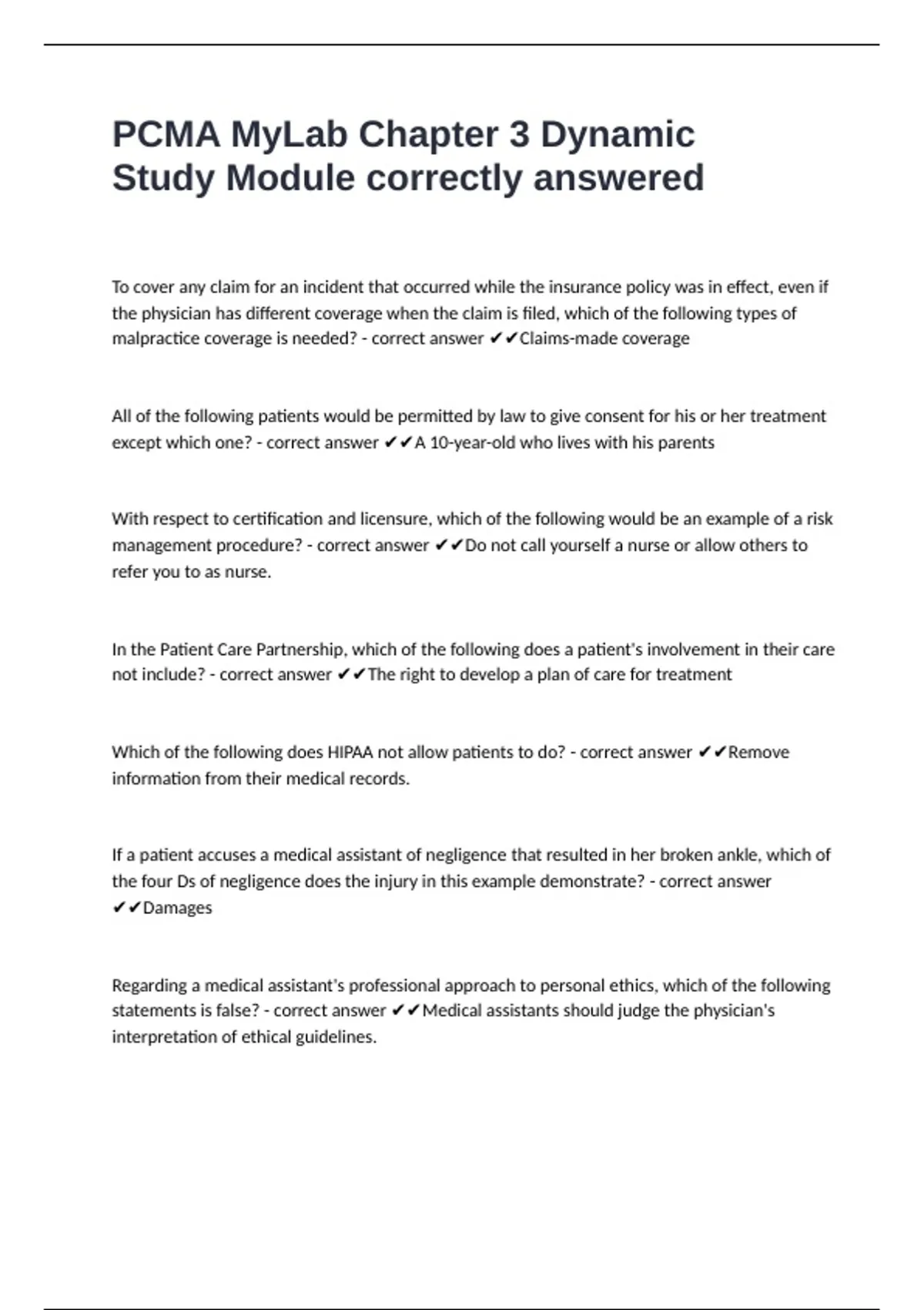 PCMA MyLab Chapter 3 Dynamic Study Module correctly answered - PCMA ...