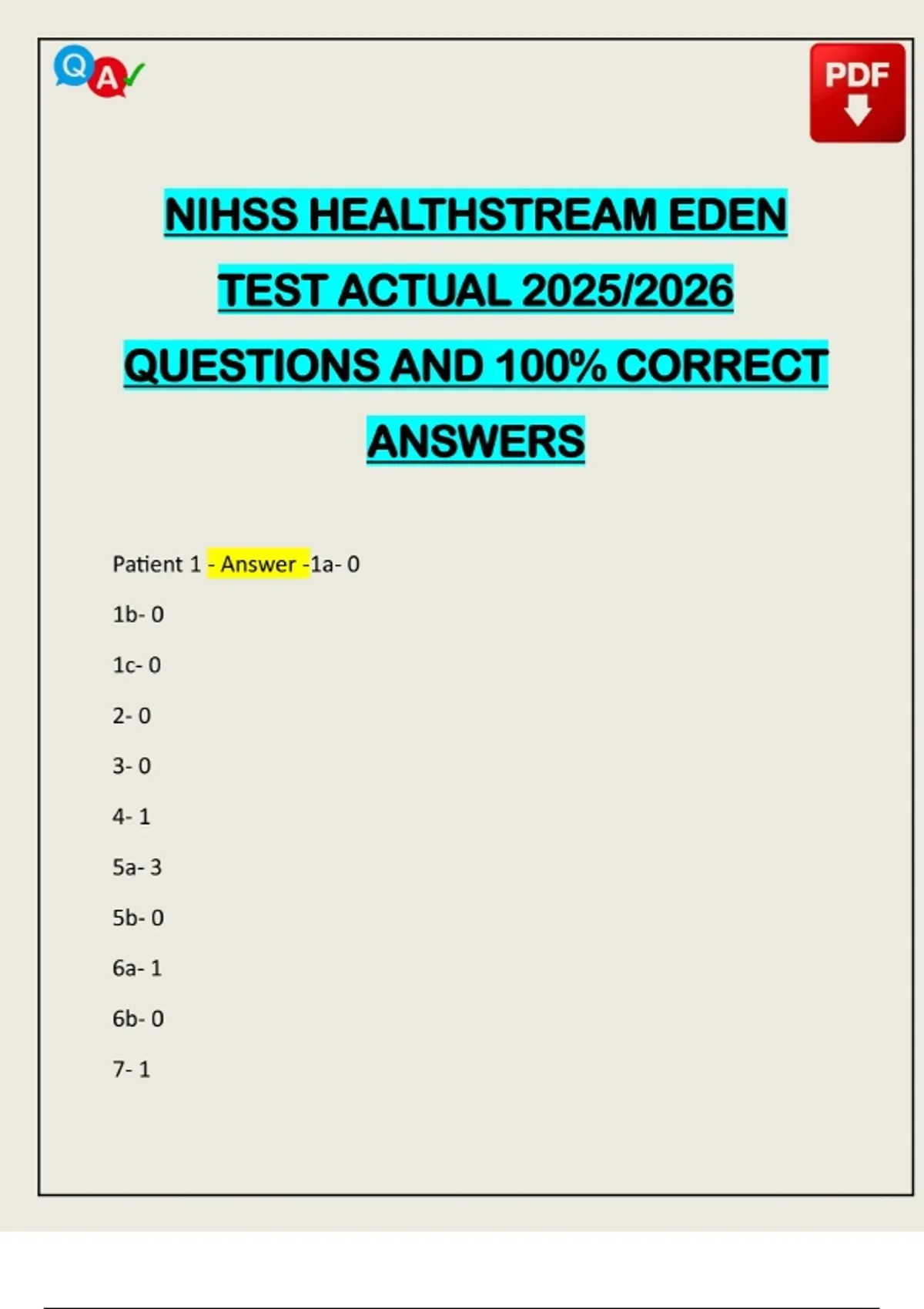 NIHSS HEALTHSTREAM EDEN TEST ACTUAL 2025/2026 QUESTIONS AND 100% ...
