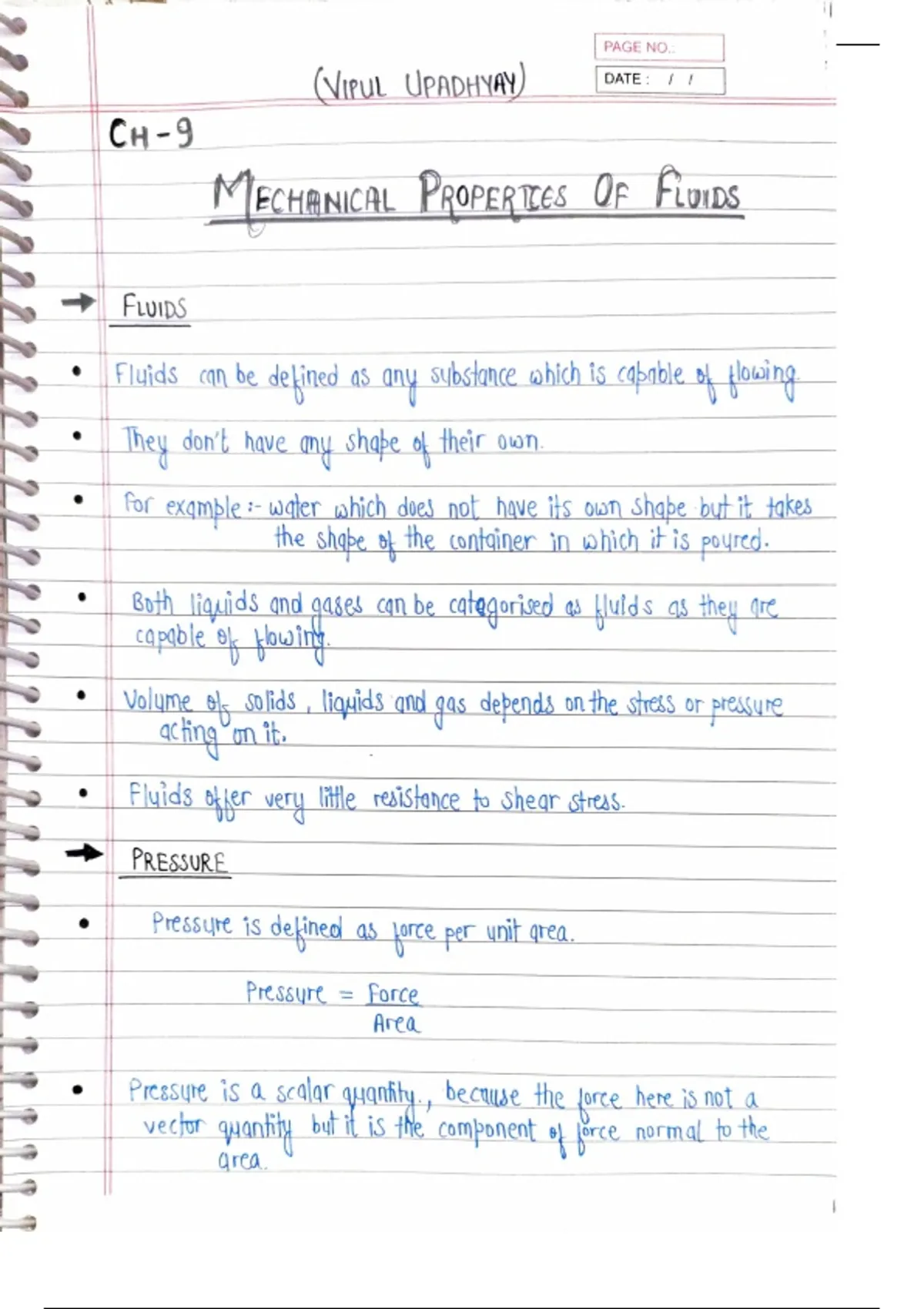 Class 12 Physics: Ch- Mechanical Properties of Fluids ( Handwritten ...