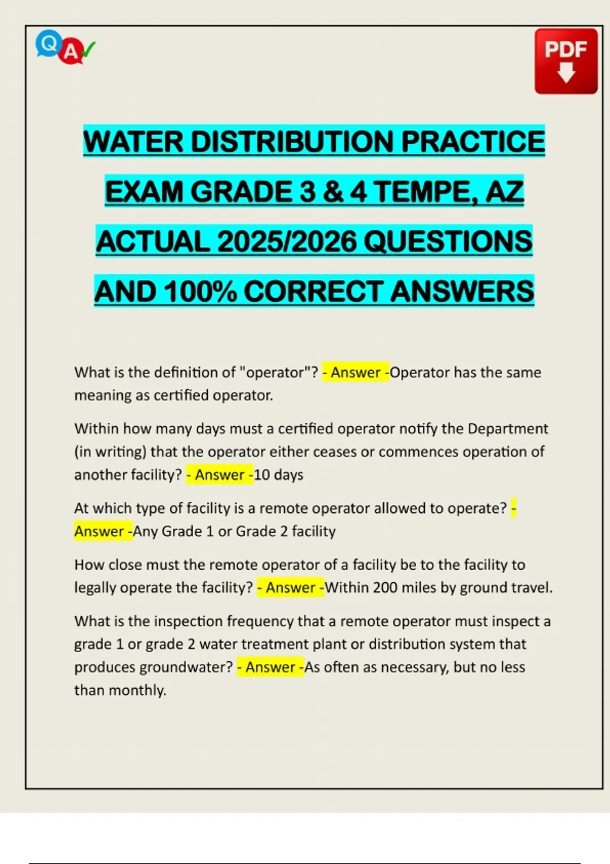 WATER DISTRIBUTION PRACTICE EXAM GRADE 3 & 4 TEMPE, AZ ACTUAL 2025/2026 ...