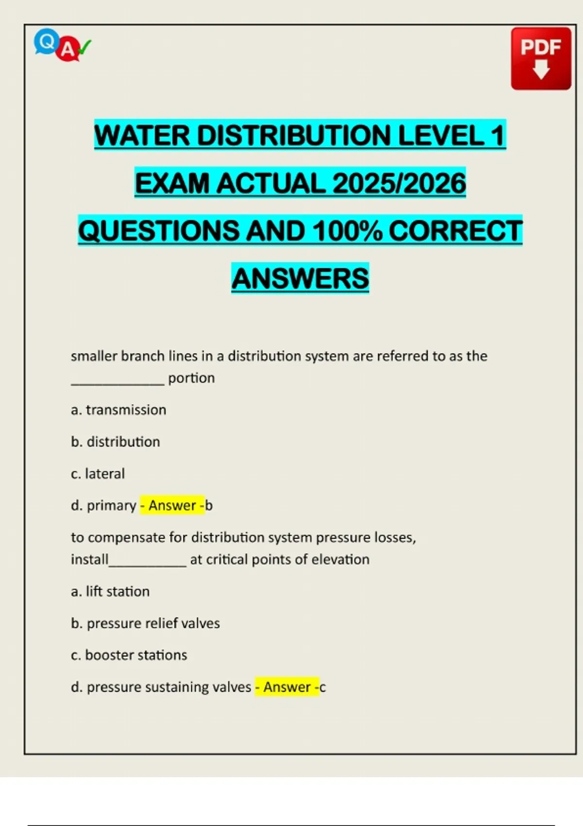 WATER DISTRIBUTION LEVEL 1 EXAM ACTUAL 2025/2026 QUESTIONS AND 100% ...