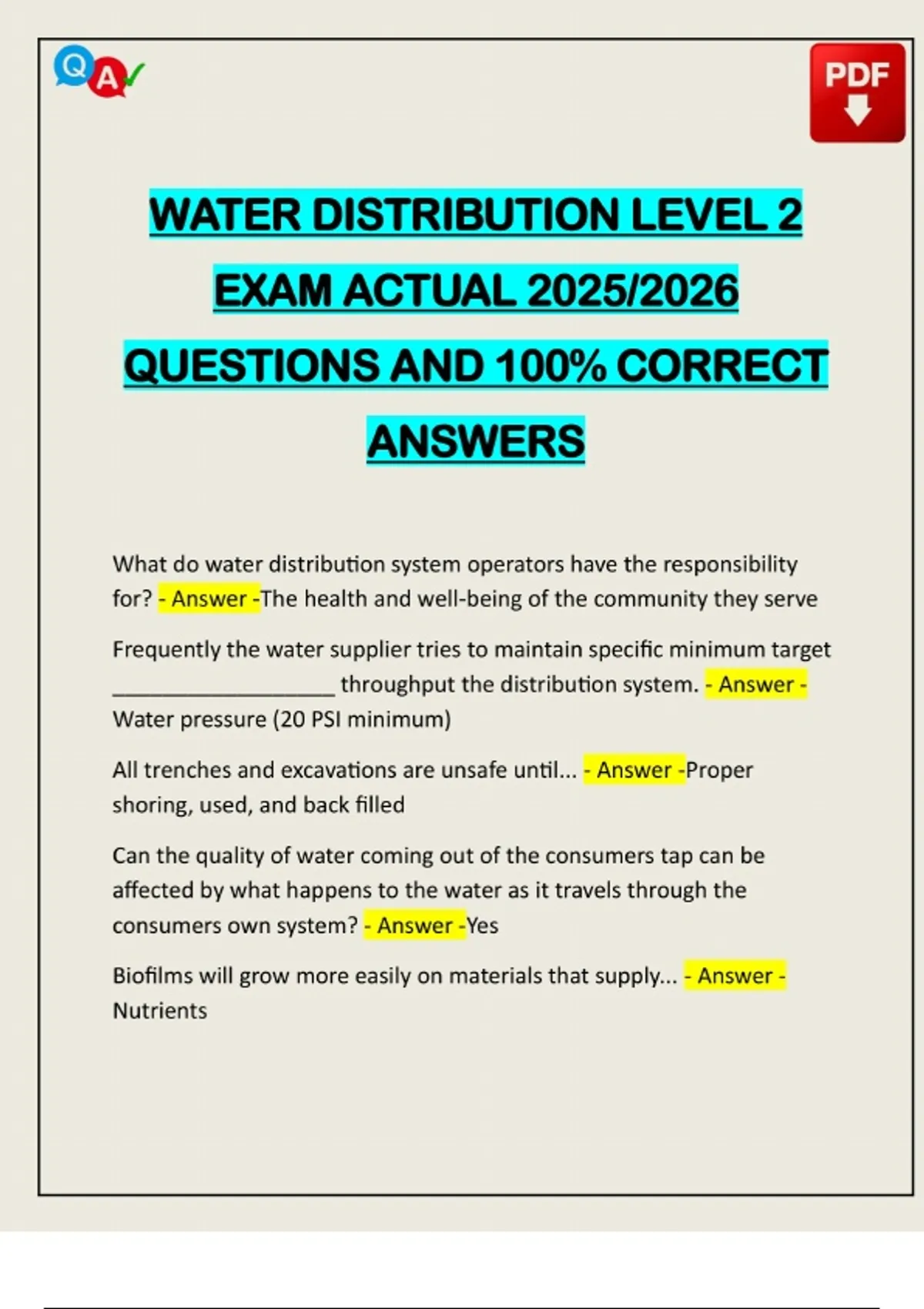 WATER DISTRIBUTION LEVEL 2 EXAM ACTUAL 2025/2026 QUESTIONS AND 100% ...