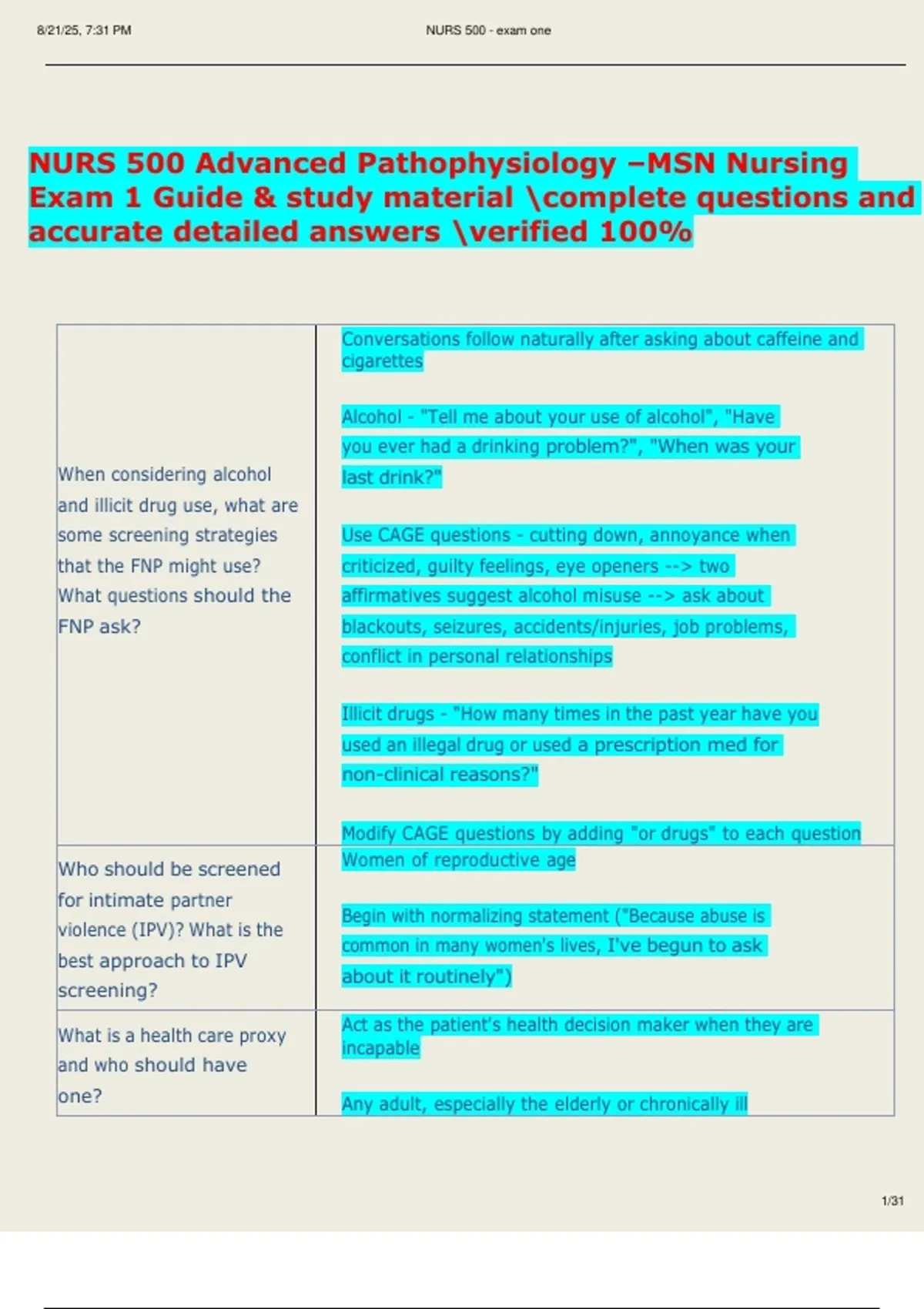 NURS 500 Advanced Pathophysiology –MSN Nursing Exam 1 Guide & study ...