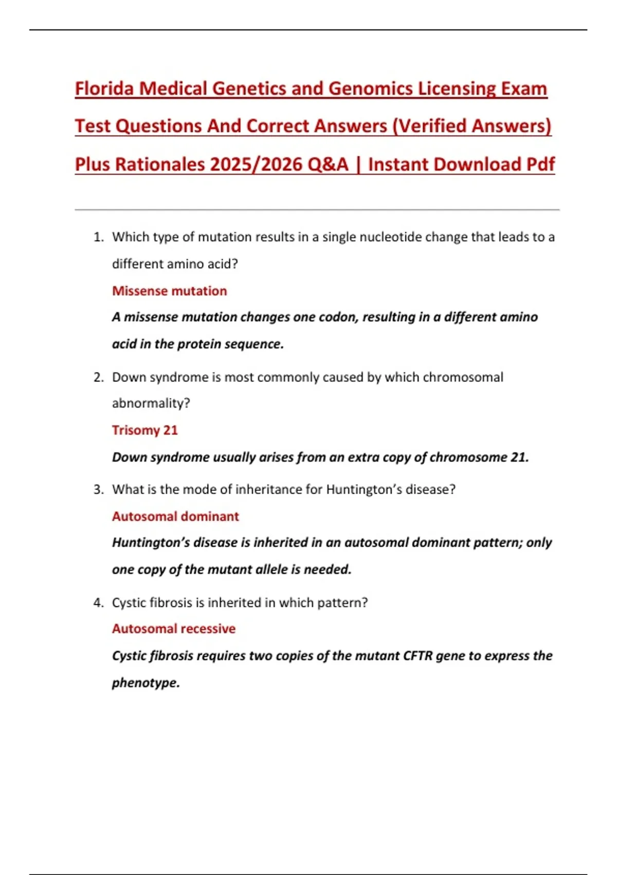 Florida Medical Genetics and Genomics Licensing Exam Test Questions And ...