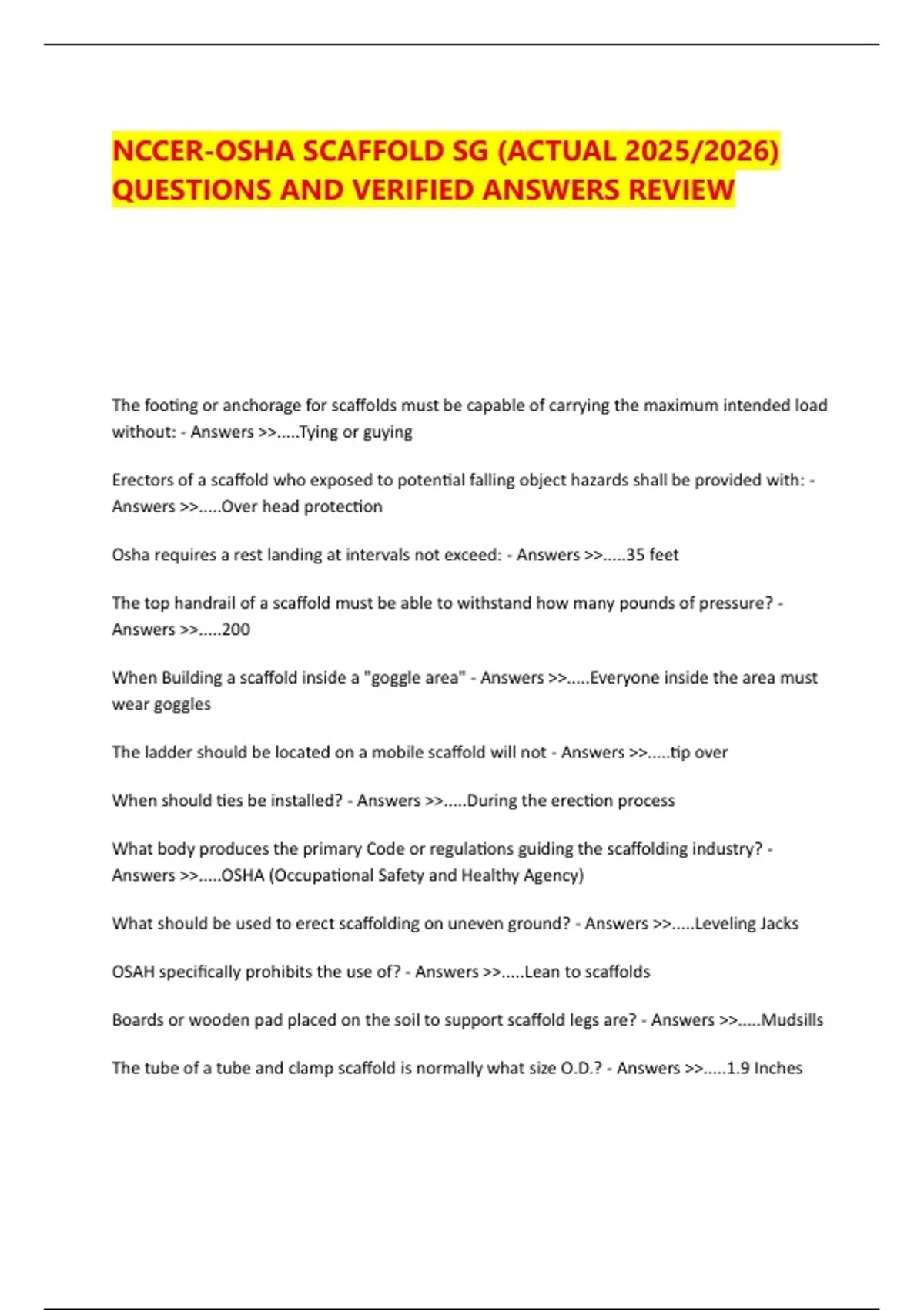 NCCER-OSHA SCAFFOLD SG (ACTUAL 2025/2026) QUESTIONS AND VERIFIED ...