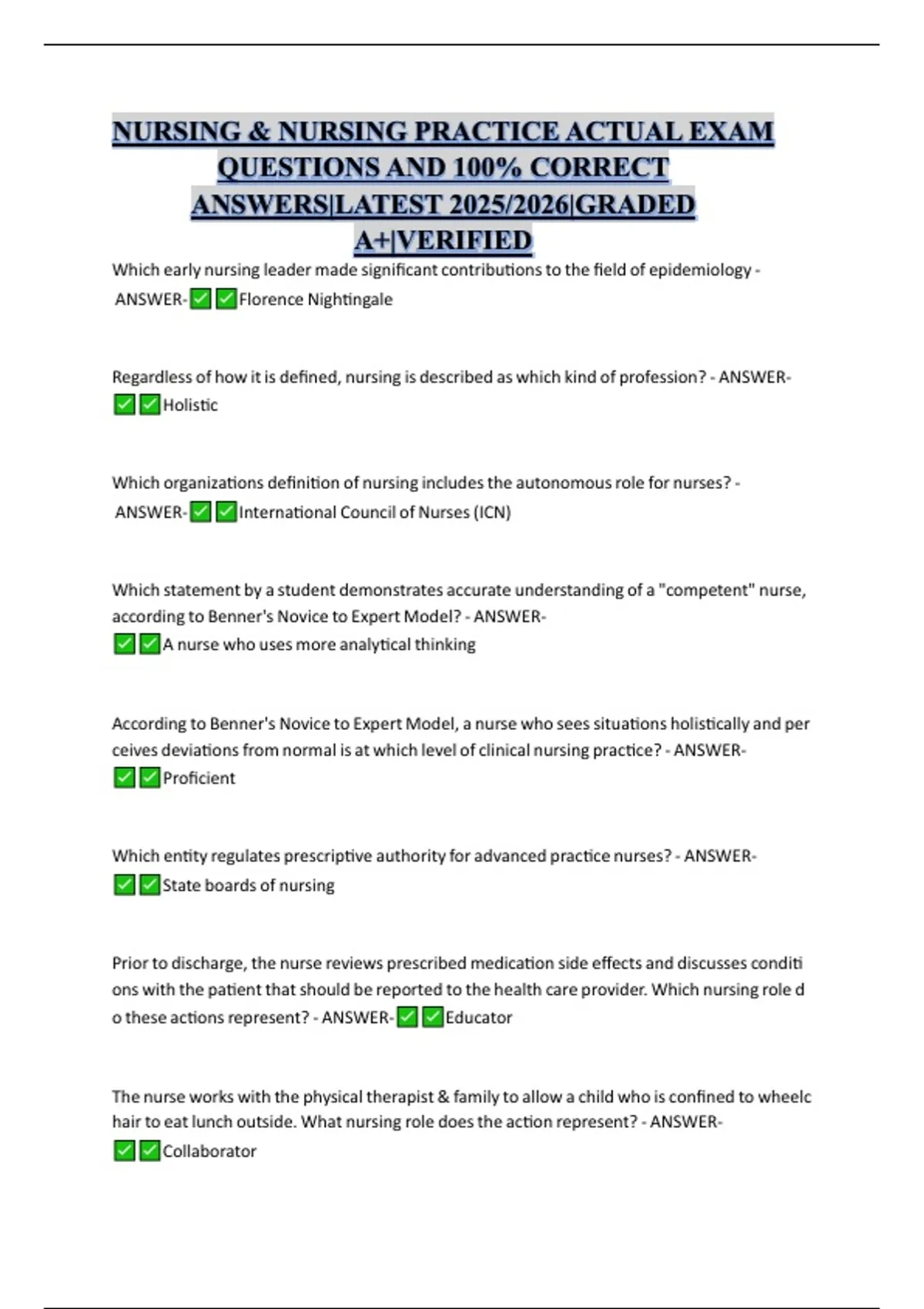 NURSING & NURSING PRACTICE ACTUAL EXAM QUESTIONS AND 100% CORRECT ...