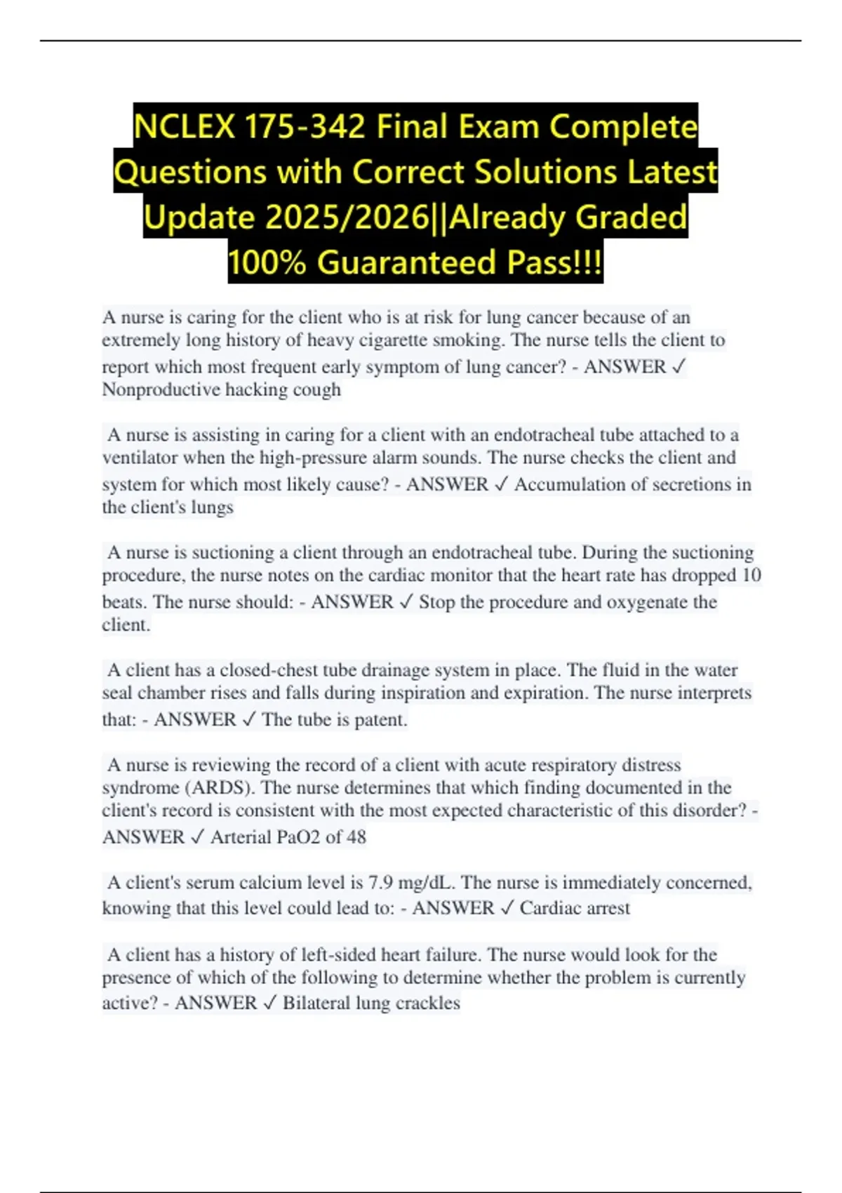 NCLEX 175-342 Final Exam Complete Questions with Correct Solutions ...