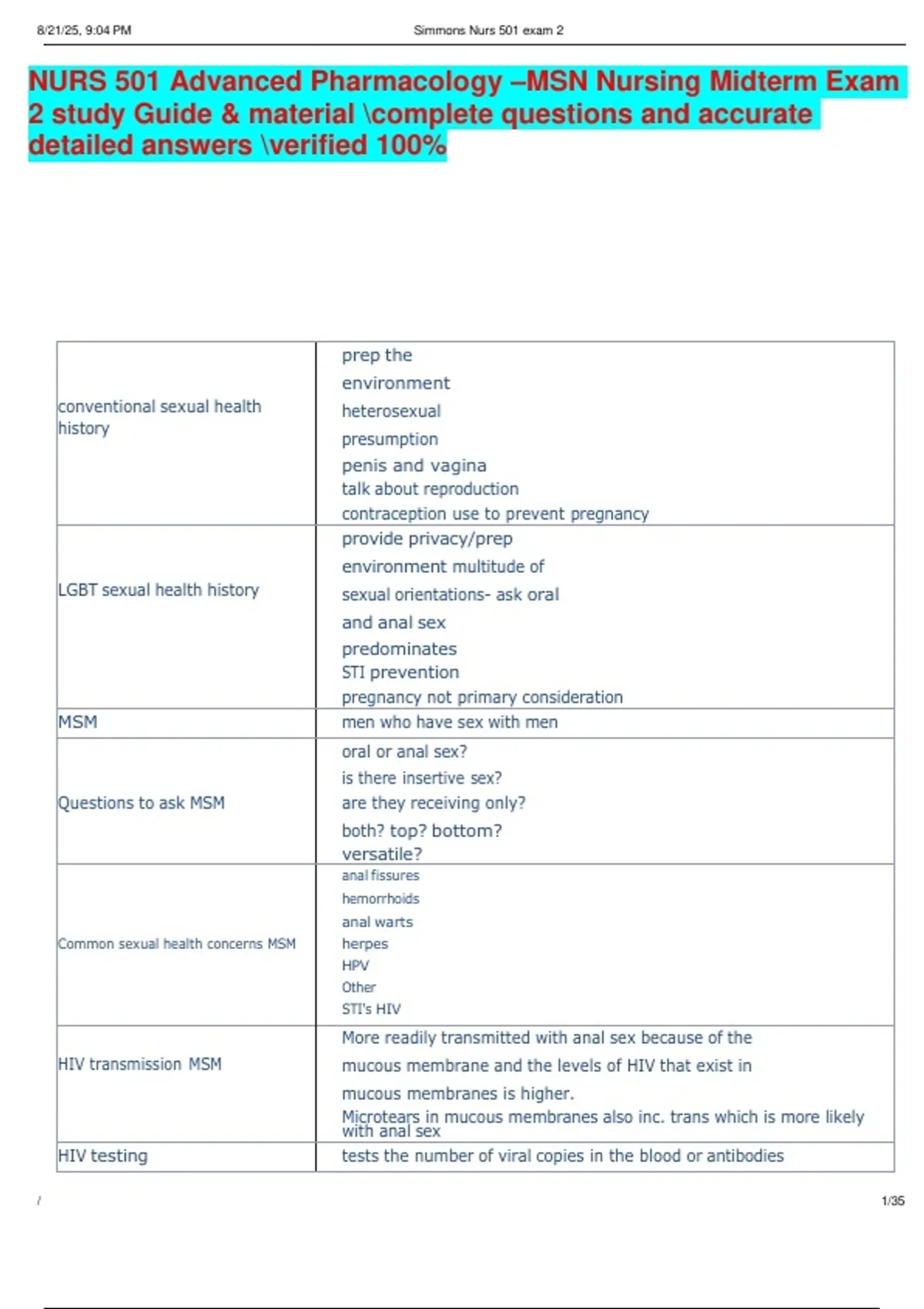 NURS 501 Advanced Pharmacology –MSN Nursing Midterm Exam 2 study Guide & material complete ...