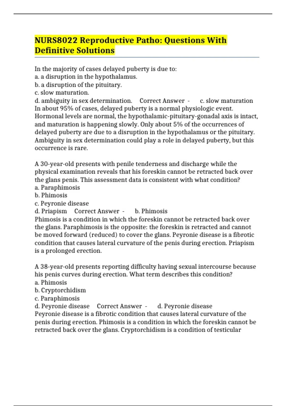 NURS8022 Reproductive Patho: Questions With Definitive Solutions - NURS 8022 - Stuvia US