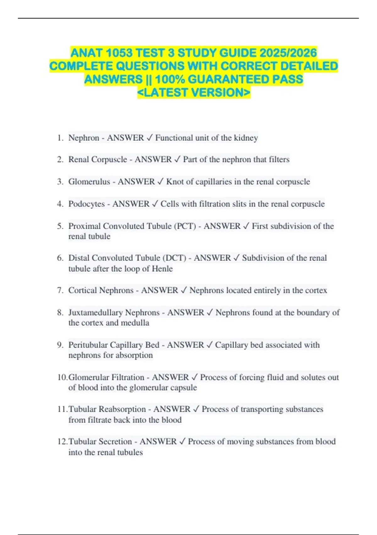 ANAT 1053 TEST 3 STUDY GUIDE 2025/2026 COMPLETE QUESTIONS WITH CORRECT ...