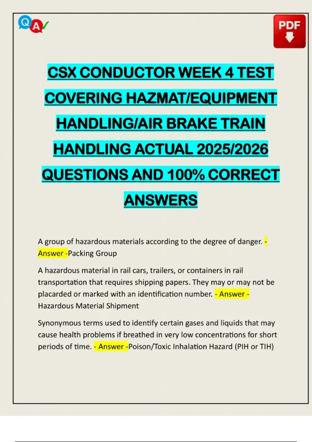 CSX CONDUCTOR WEEK 4 TEST COVERING HAZMAT/EQUIPMENT HANDLING/AIR BRAKE ...