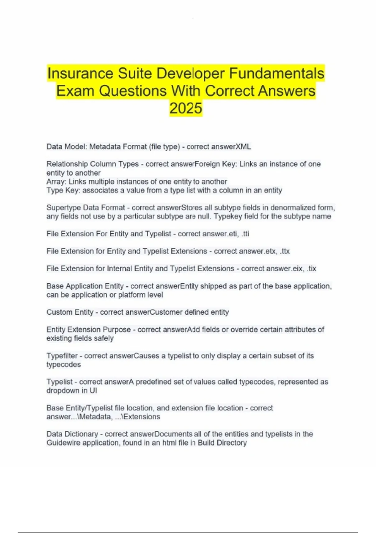 Insurance Suite Developer Fundamentals Exam Questions With Correct Answers 2025 - Insurance ...