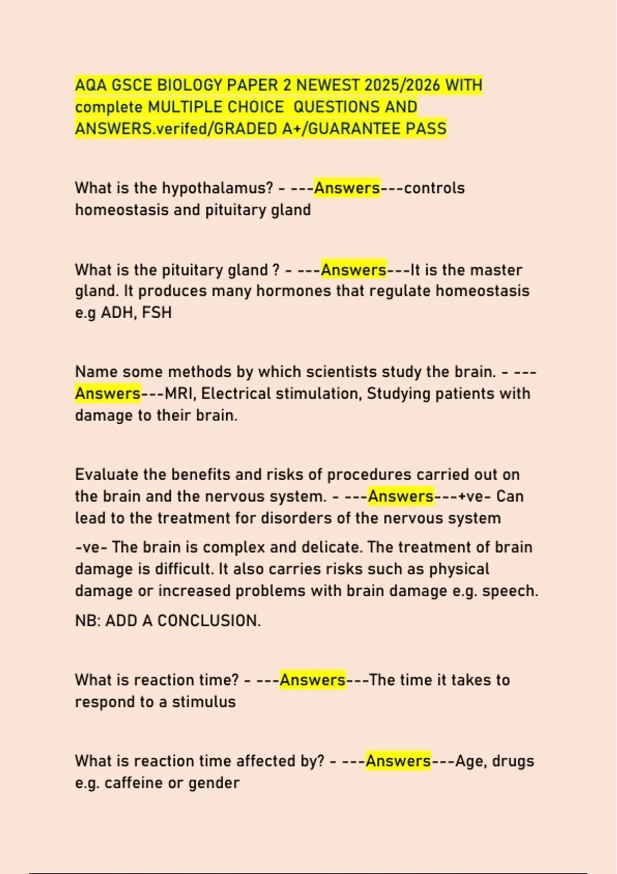 AQA GSCE BIOLOGY PAPER 2 NEWEST 2025/2026 WITH complete MULTIPLE CHOICE ...