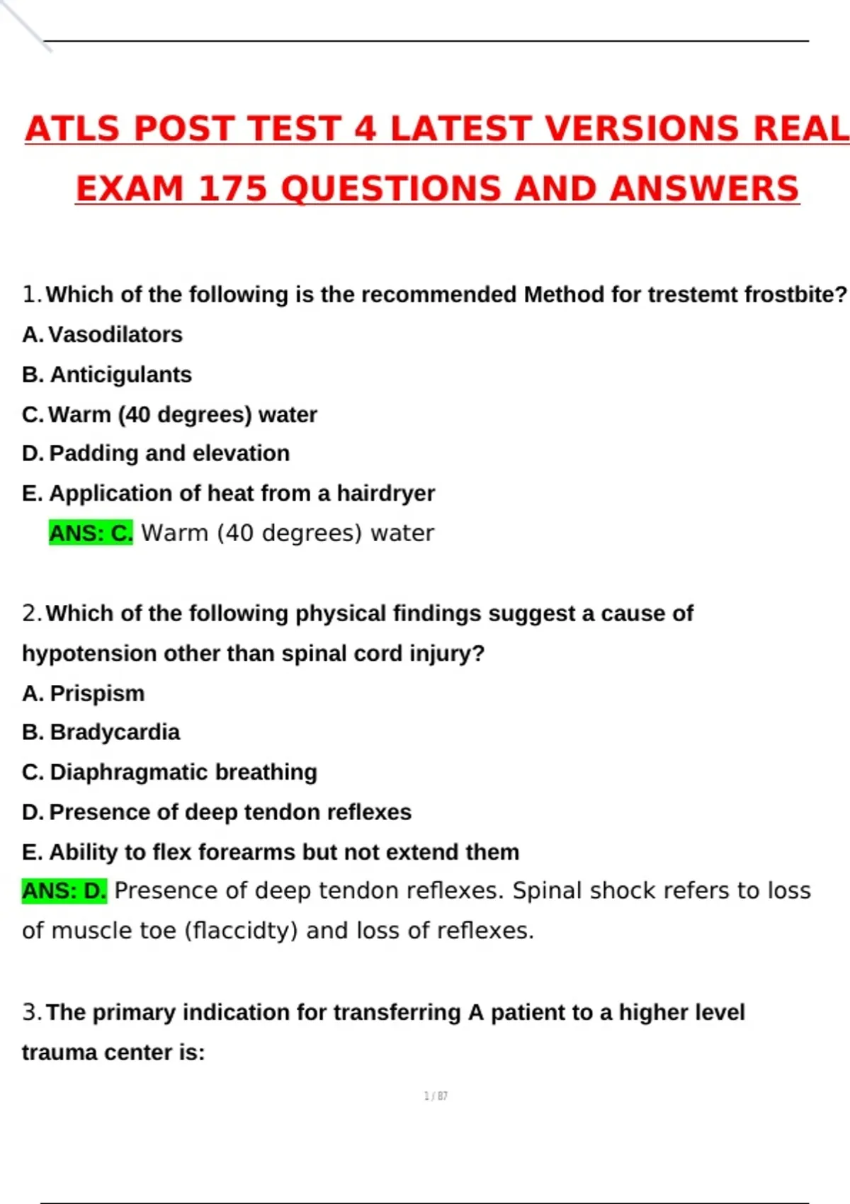 ATLS POST TEST 4 LATEST VERSIONS REAL EXAM 175 QUESTIONS Newest (Latest ...