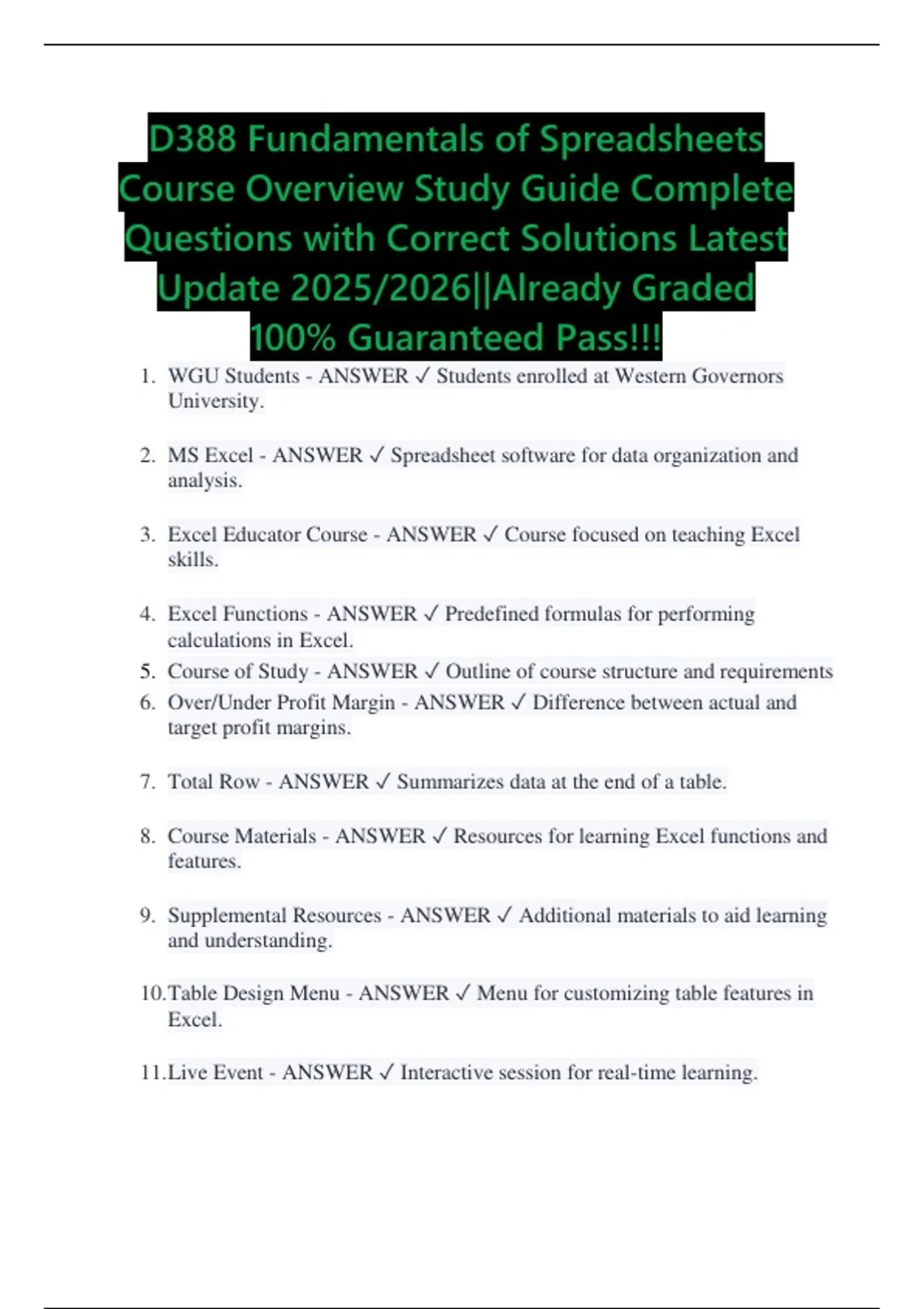 D388 Fundamentals of Spreadsheets Course Overview Study Guide Complete Questions with Correct ...