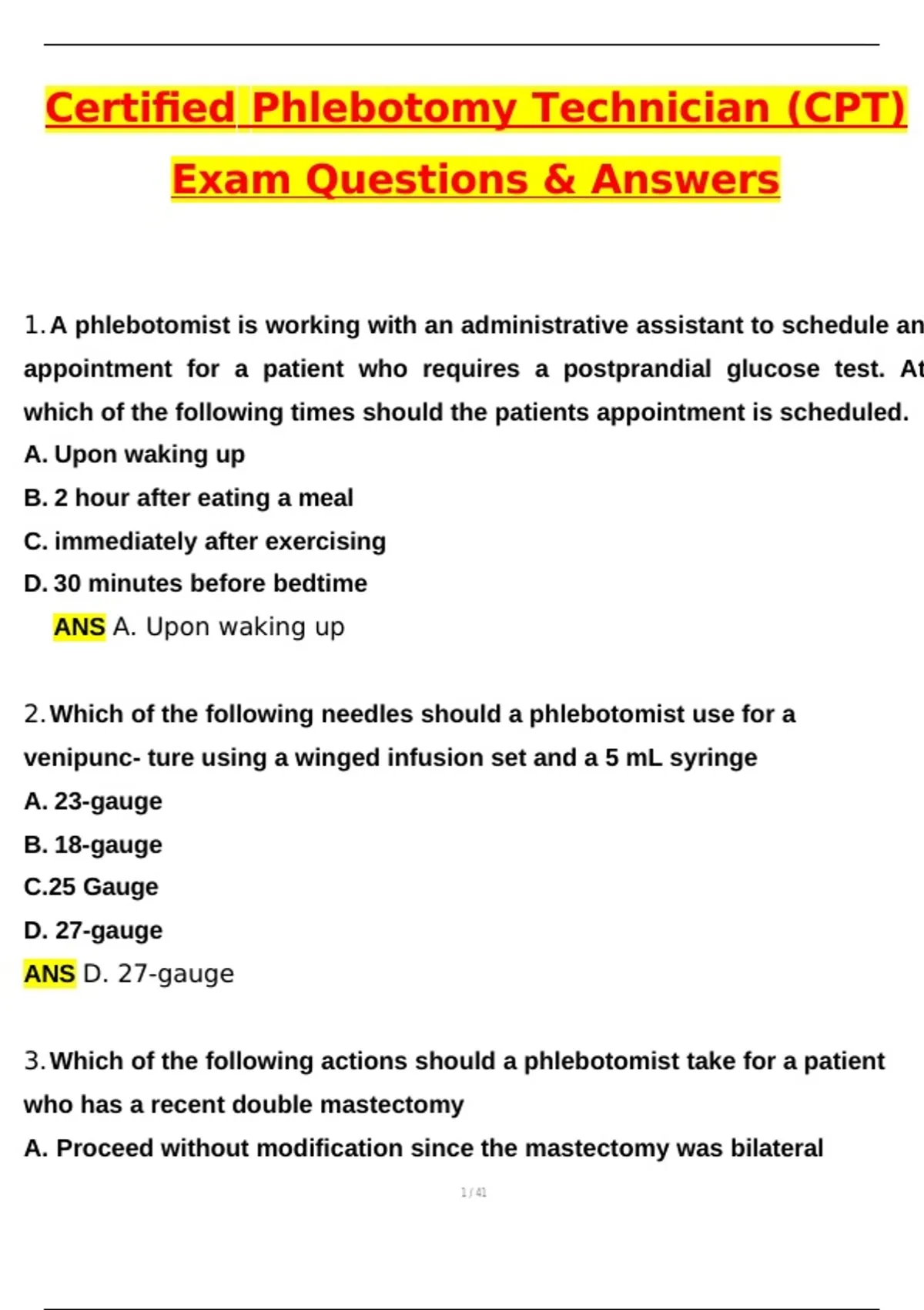 CPT Certified Phlebotomy Technician (CPT) Newest (Latest 2025 / 2026 ...