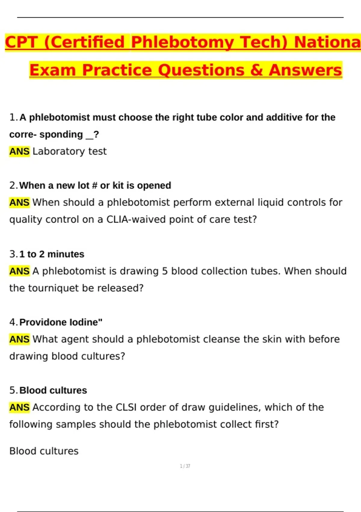 CPT (Certified Phlebotomy Tech) National Exam Practice Questions Newest ...