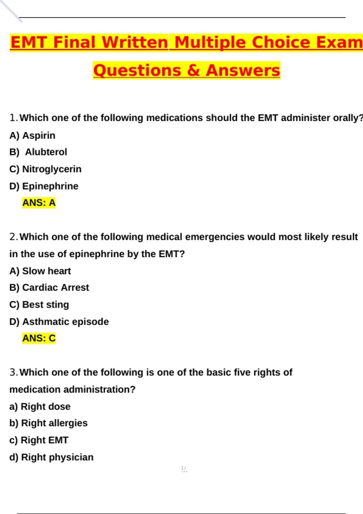 EMT Final Written Multiple Choice Latest 2025 Actual Questions and ...