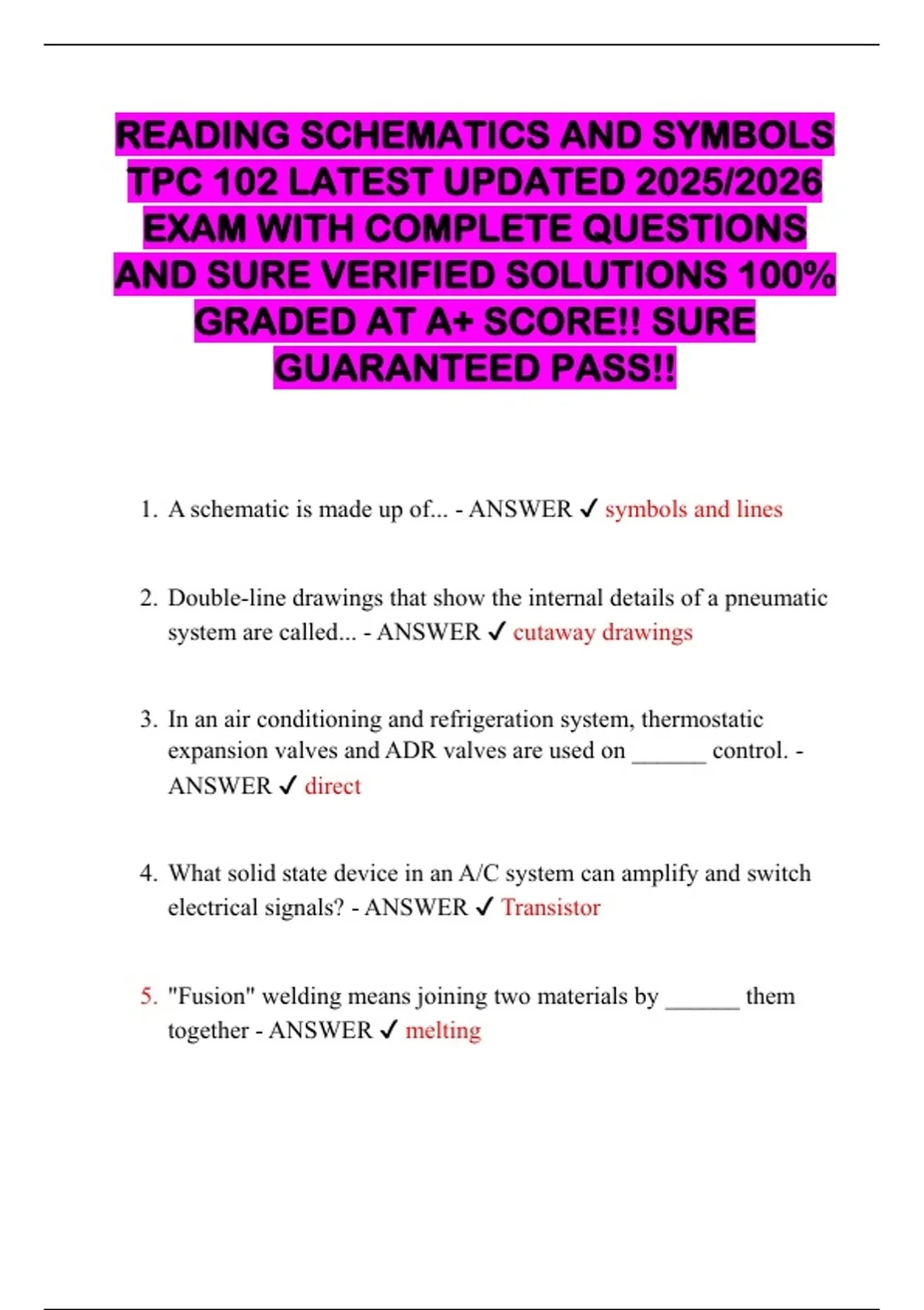 READING SCHEMATICS AND SYMBOLS TPC 102 LATEST UPDATED 2025/2026 EXAM ...