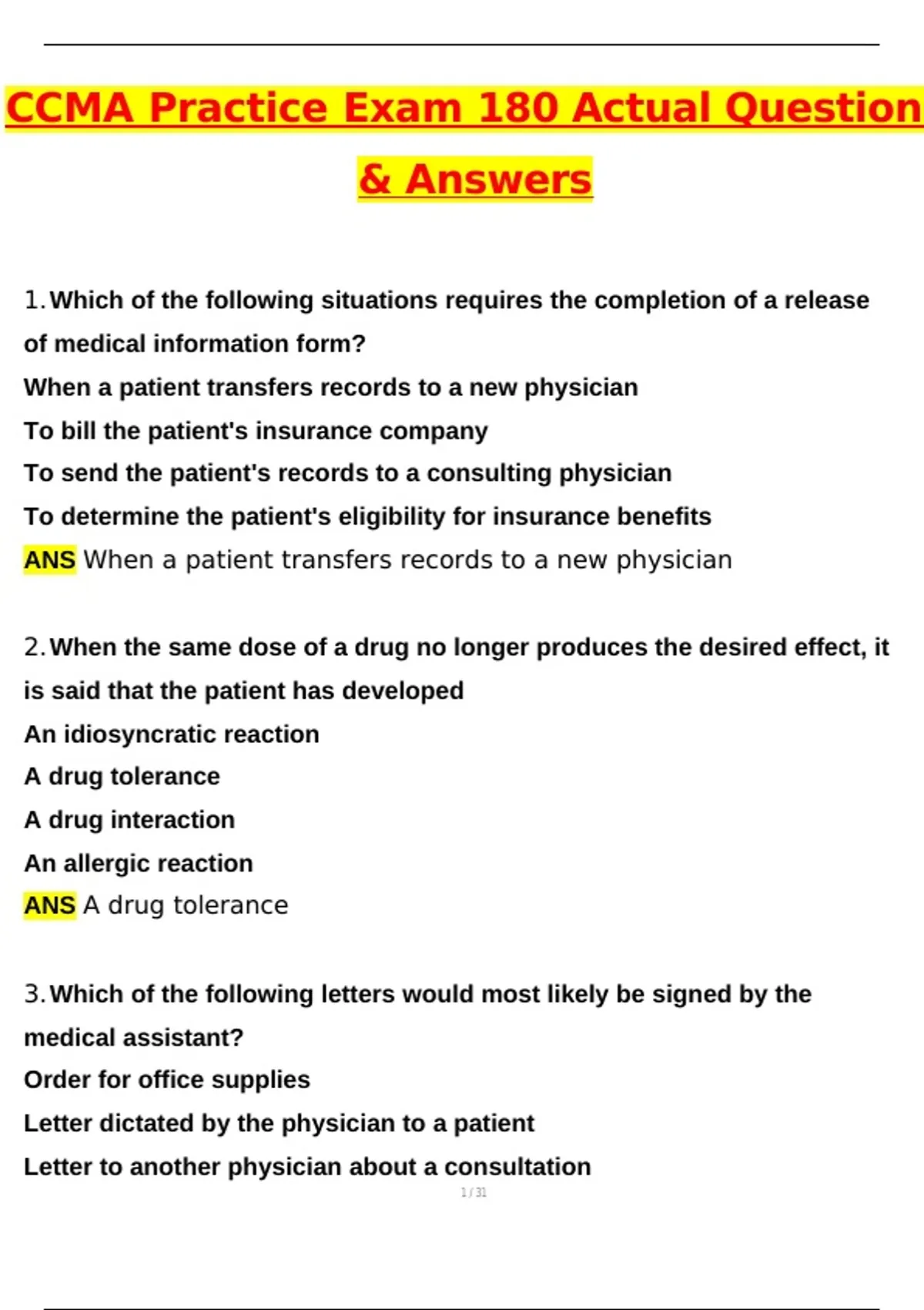CCMA Practice Exam 180 Latest 2025 Actual Questions and Verified ...