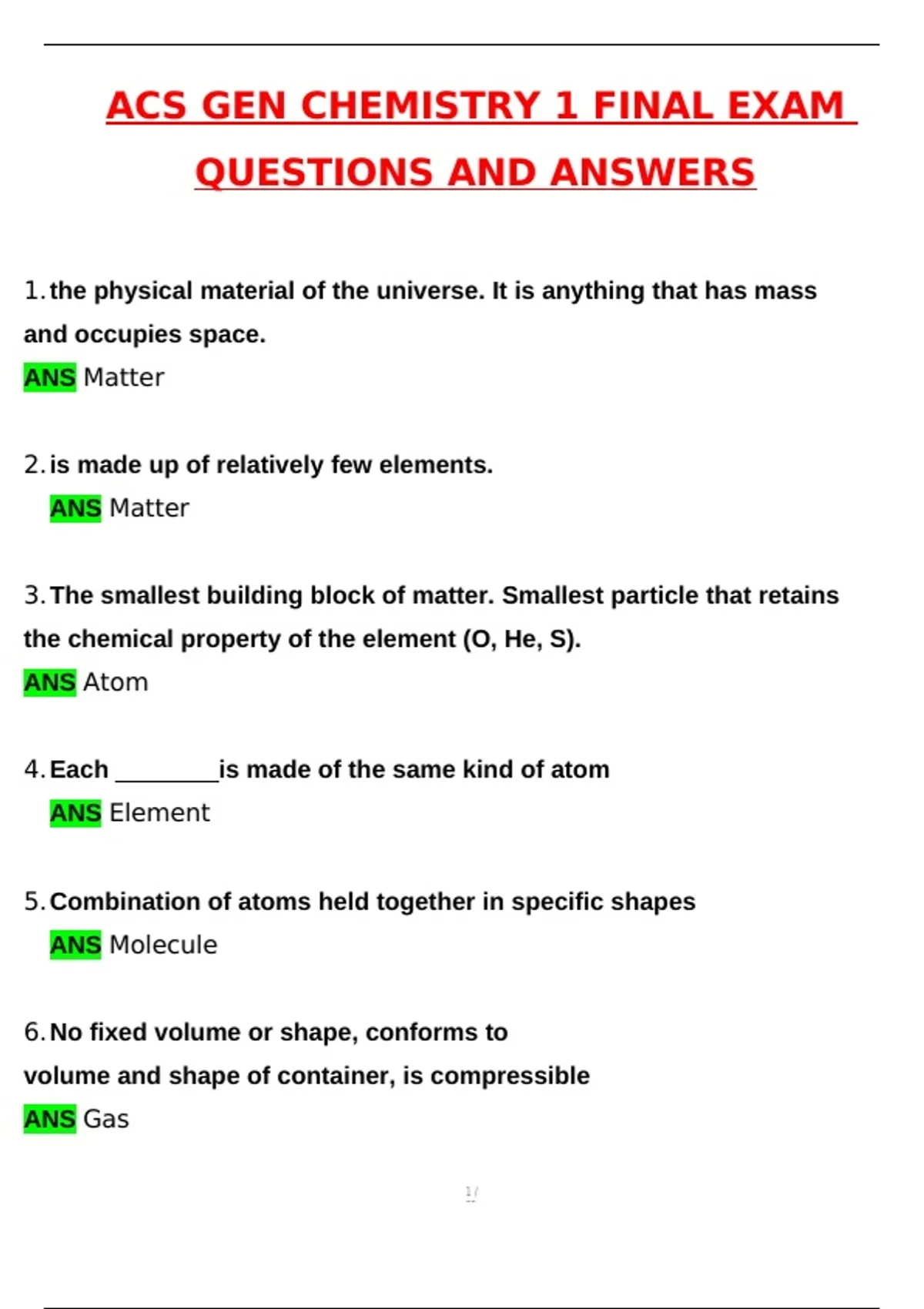 ACS GEN CHEMISTRY 1 FINAL EXAM Latest 2025 Actual Questions and ...