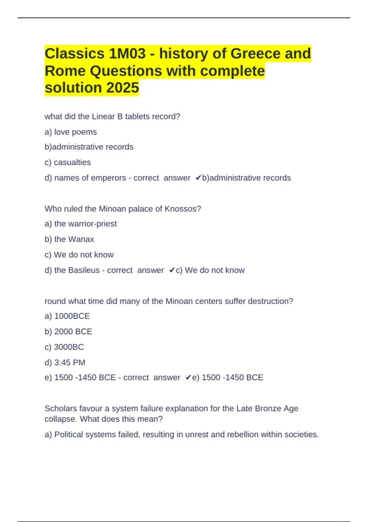 Classics 1M03 - history of Greece and Rome Questions with complete ...