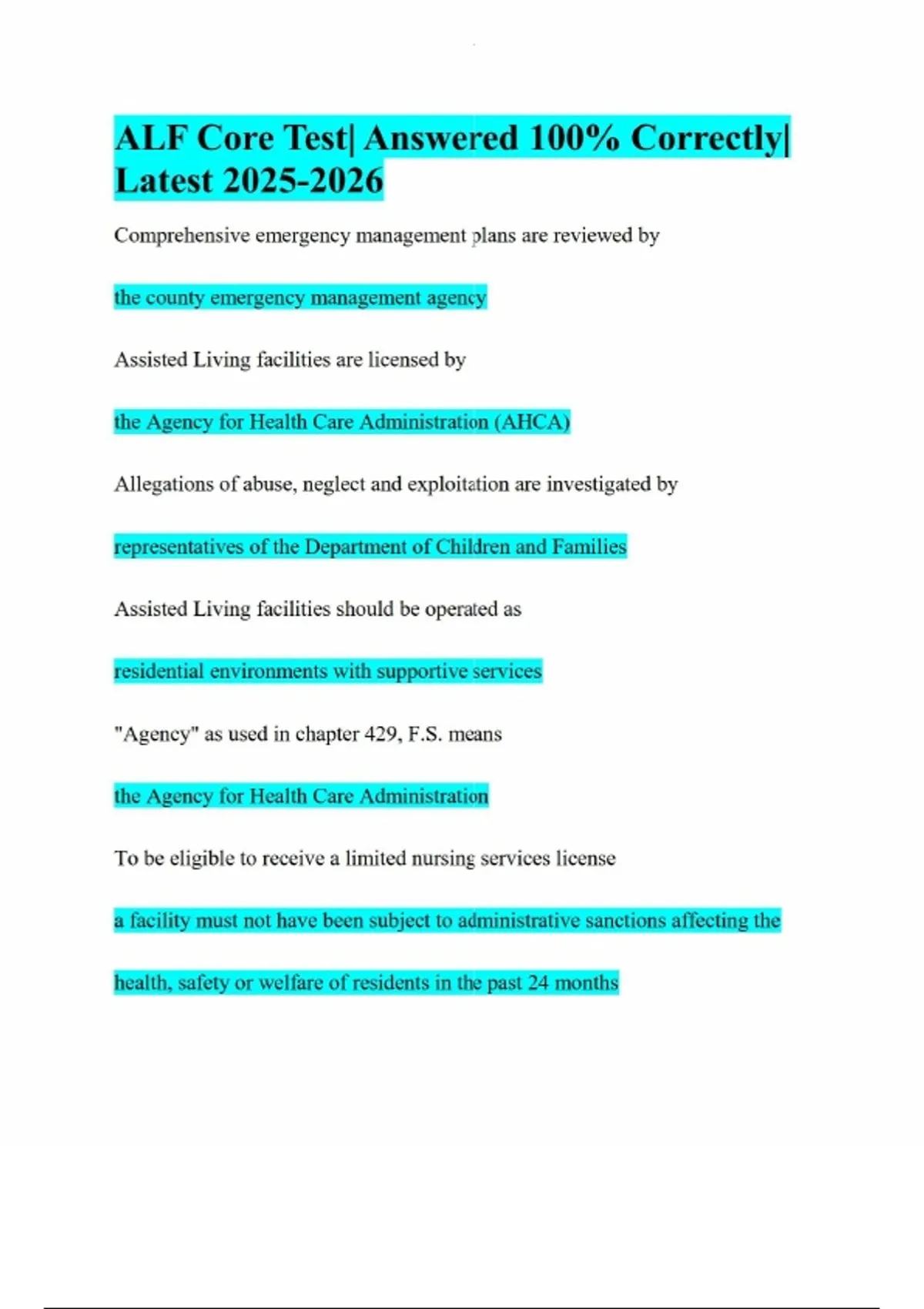 ALF Core Test| Answered 100% Correctly| Latest - Alf core - Stuvia US