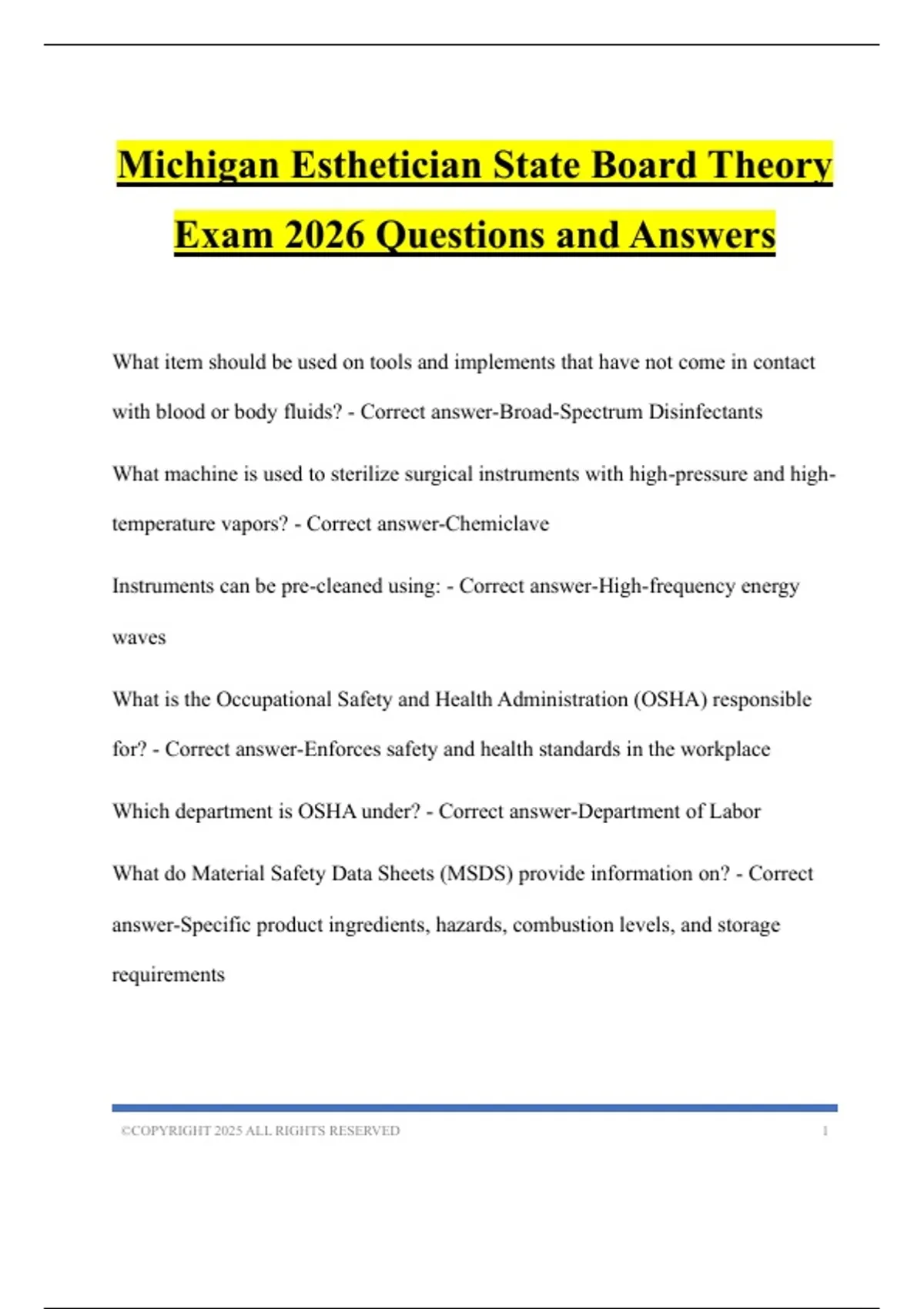 Michigan Esthetician State Board Theory Exam 2026 Questions and Answers ...