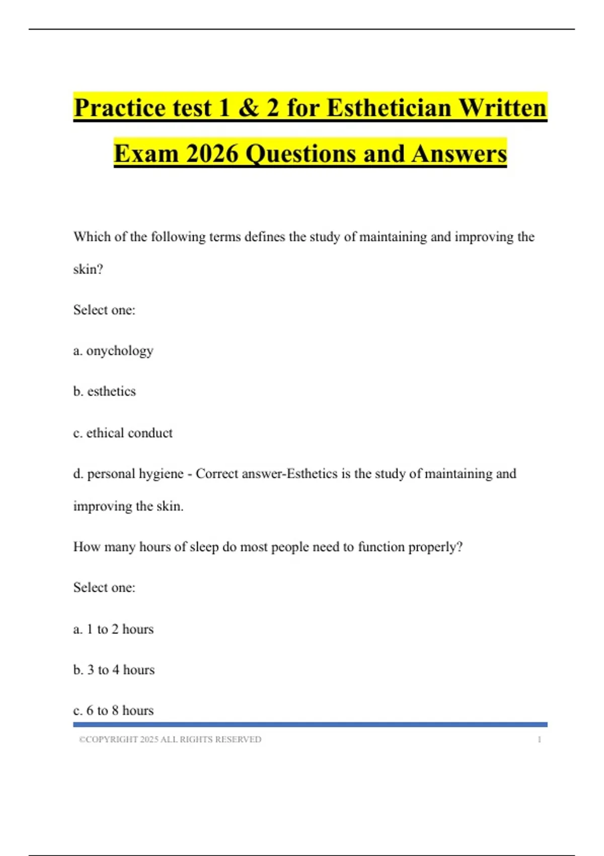 Practice test 1 & 2 for Esthetician Written Exam 2026 Questions and ...