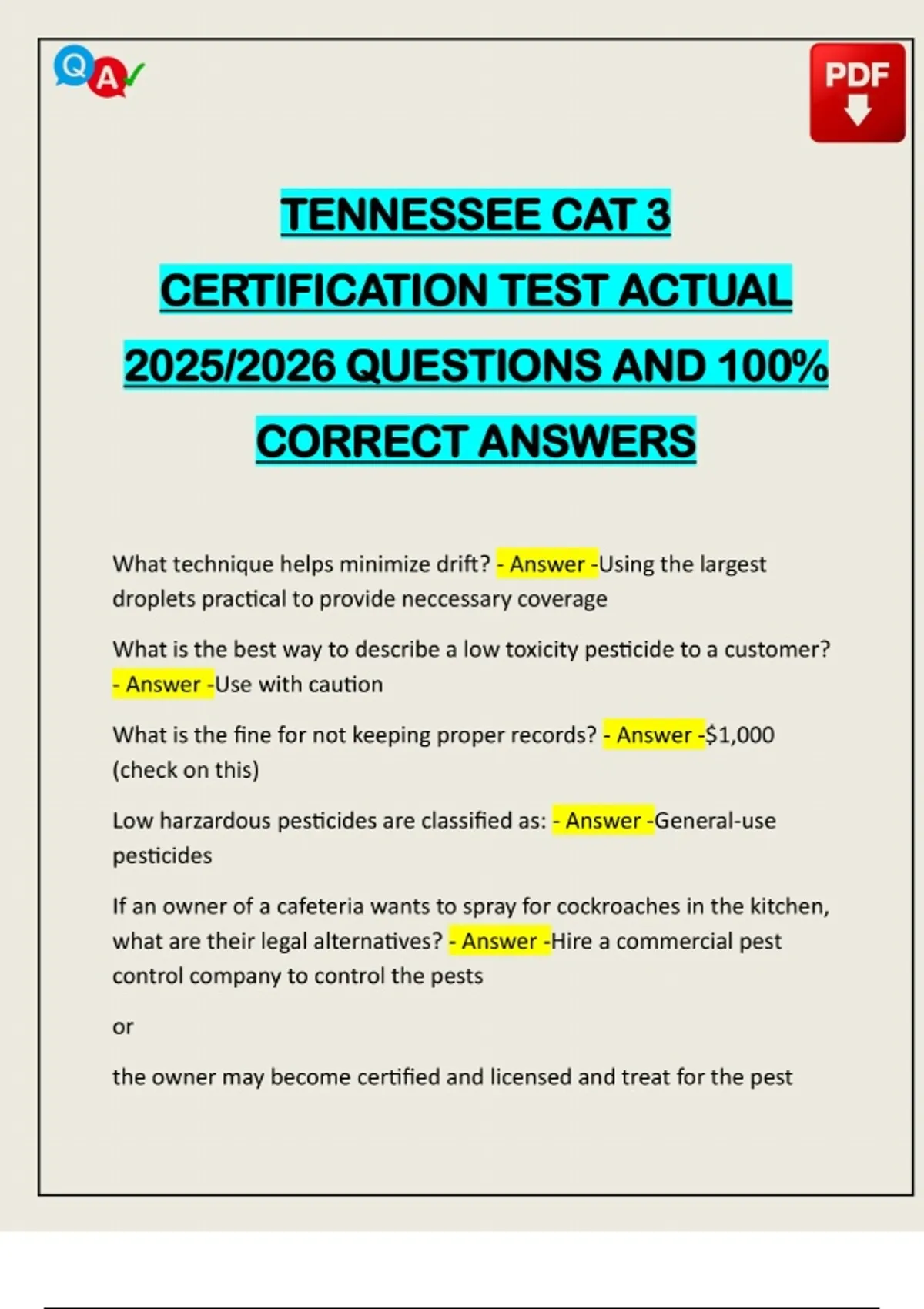 TENNESSEE CAT 3 CERTIFICATION TEST ACTUAL 2025/2026 QUESTIONS AND 100% ...