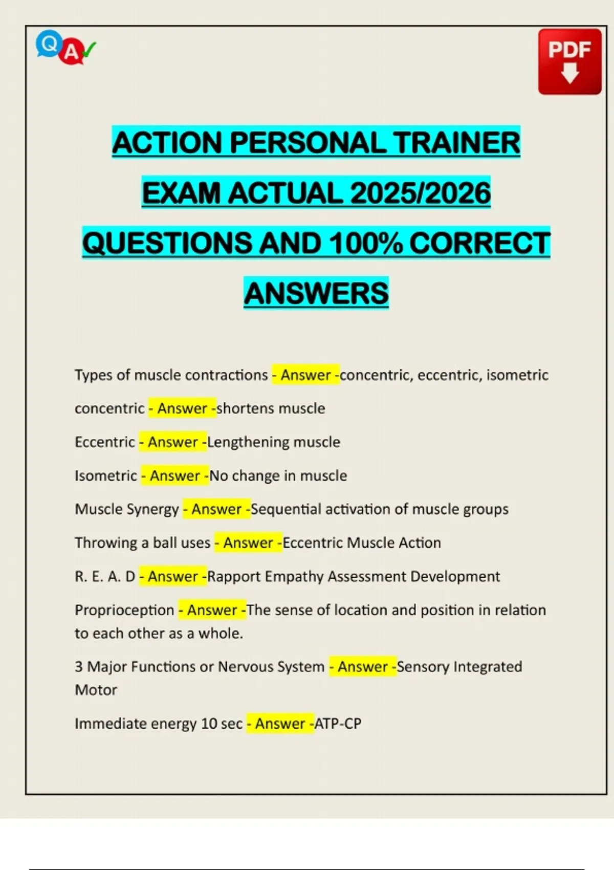 ACTION PERSONAL TRAINER EXAM ACTUAL 2025/2026 QUESTIONS AND 100% ...