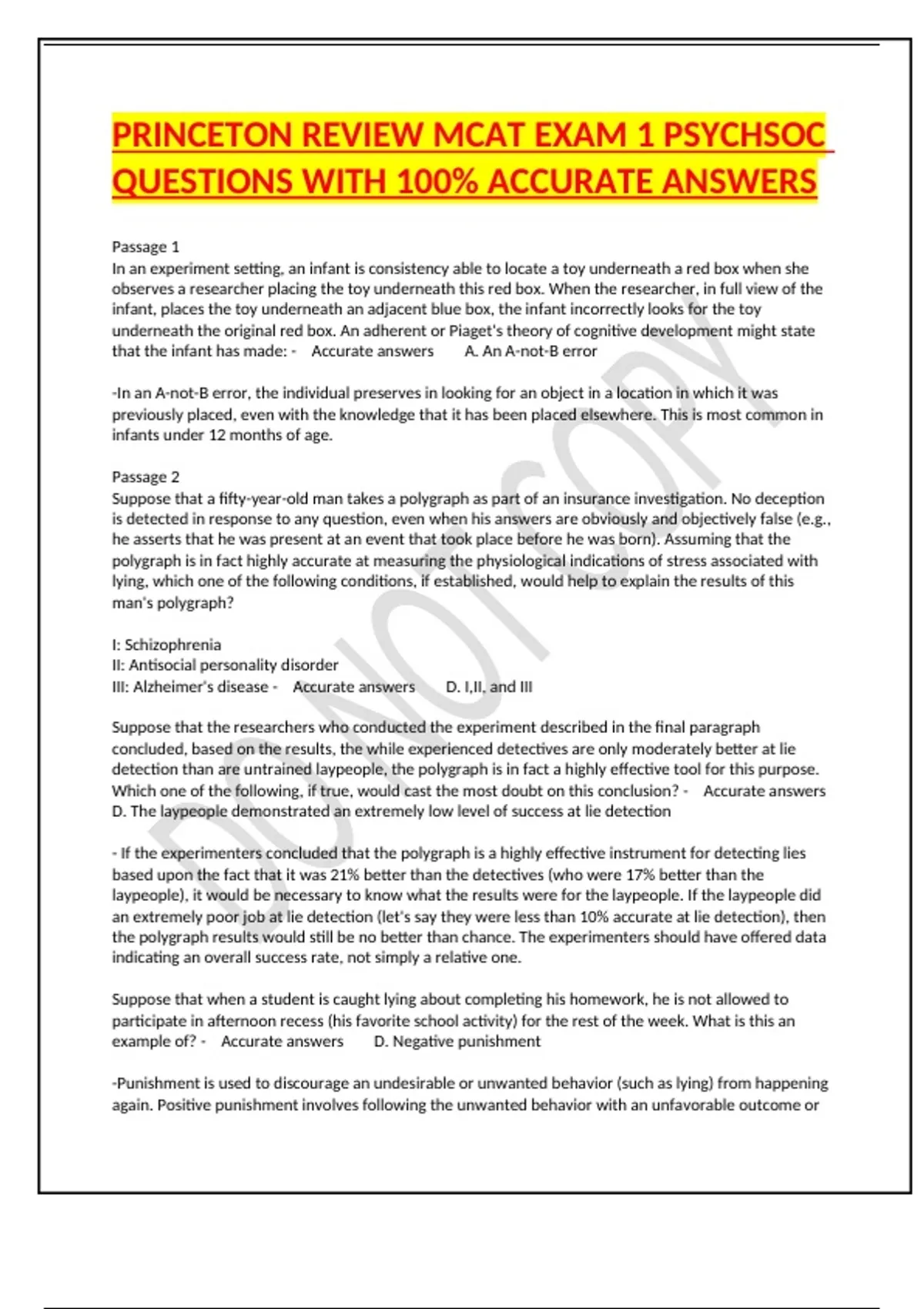 PRINCETON REVIEW MCAT EXAM 1 PSYCHSOC QUESTIONS WITH 100% ACCURATE ...