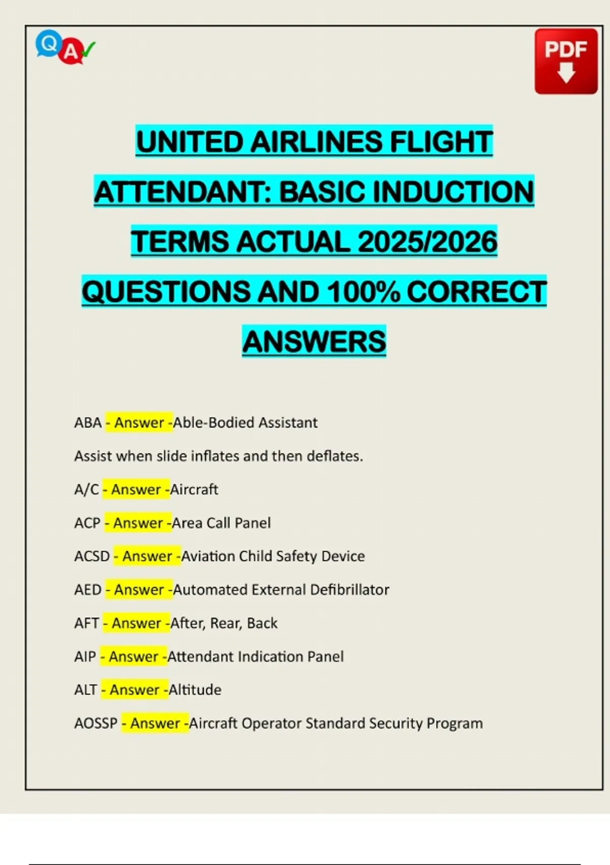 UNITED AIRLINES FLIGHT ATTENDANT: BASIC INDUCTION TERMS ACTUAL 2025/ ...