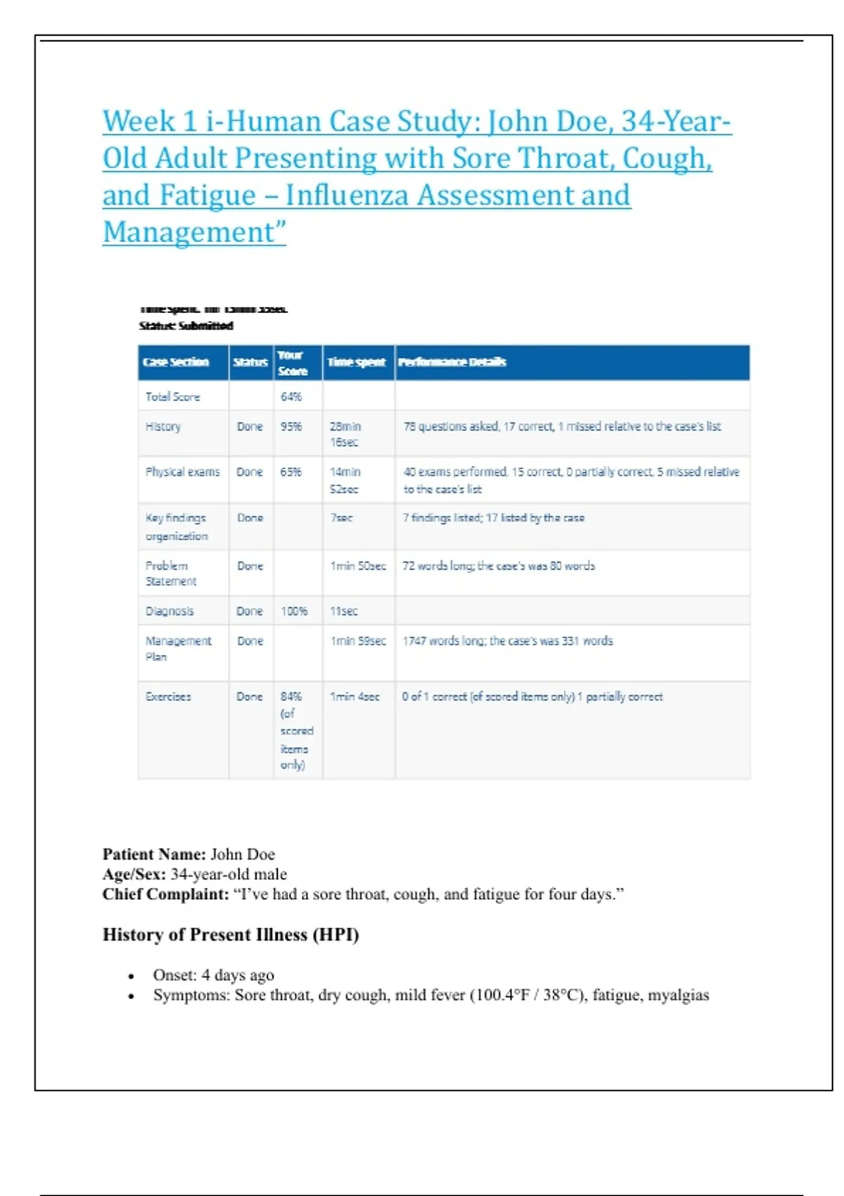 Week 1 i-Human Case Study: John Doe, 34-Year Old Adult Presenting with ...