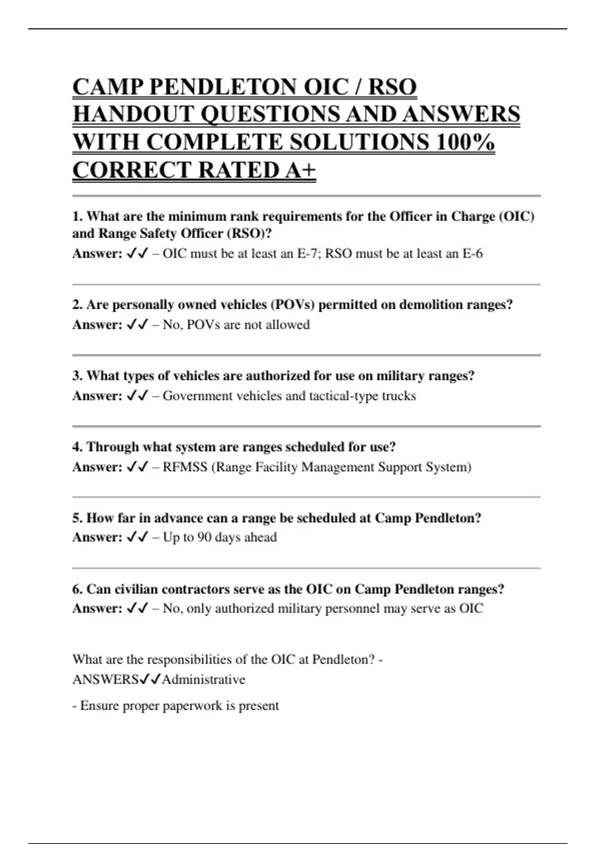 CAMP PENDLETON OIC / RSO HANDOUT QUESTIONS AND ANSWERS WITH COMPLETE SOLUTIONS 100% CORRECT ...