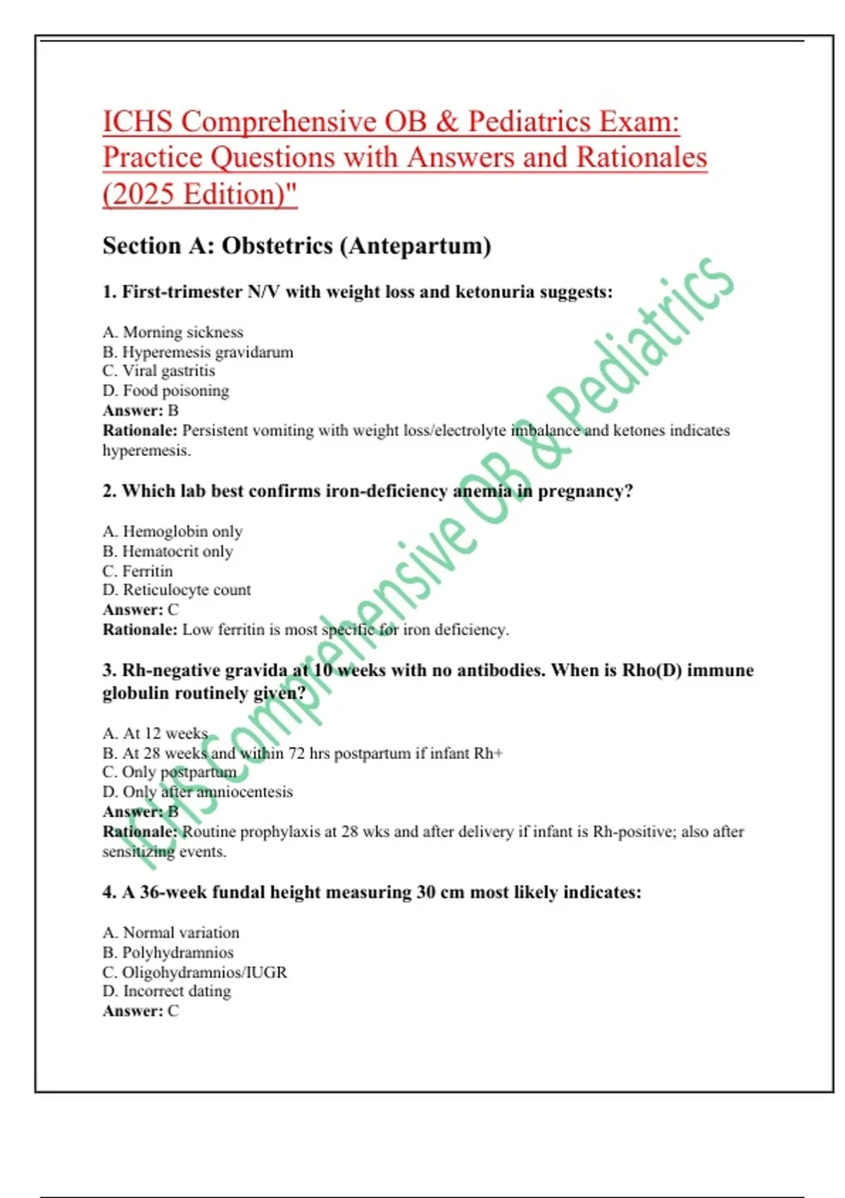 ICHS Comprehensive OB & Pediatrics Exam: Practice Questions with ...