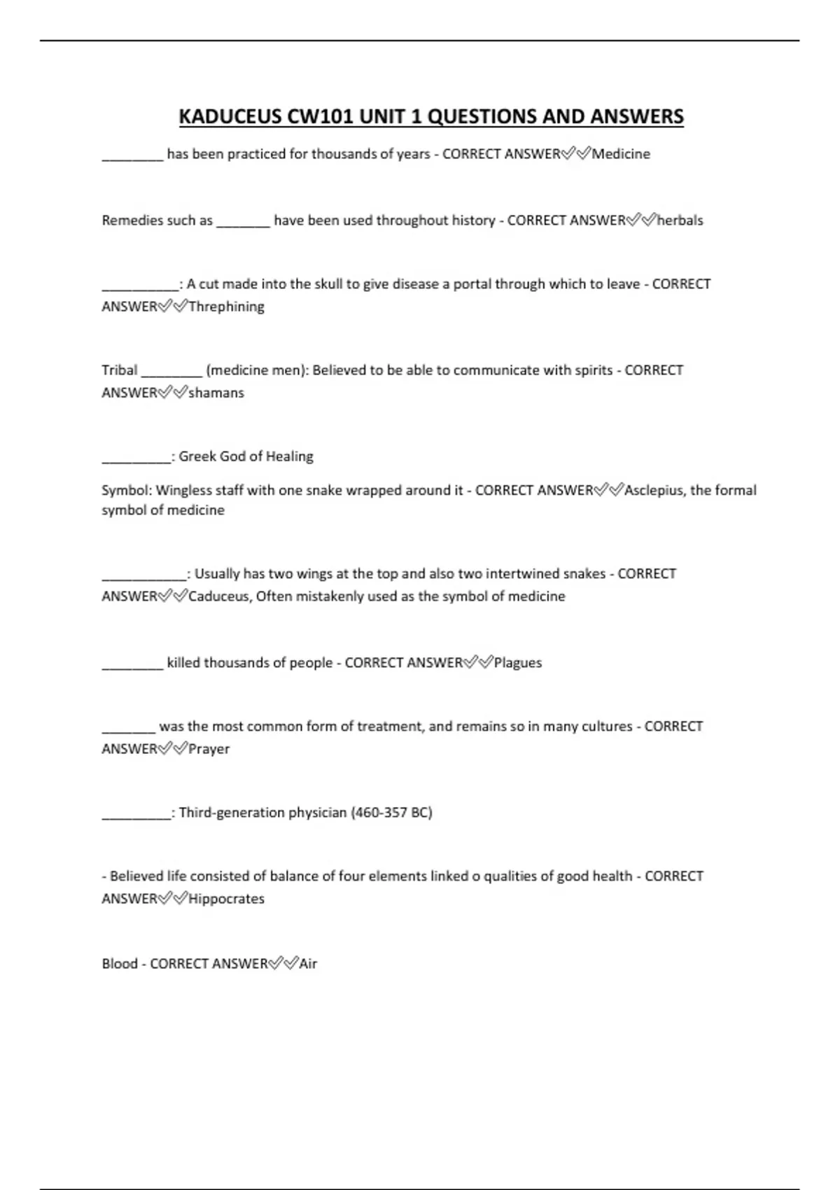 KADUCEUS CW101 UNIT 1 QUESTIONS AND ANSWERS - KADUCEUS CW101 - Stuvia US