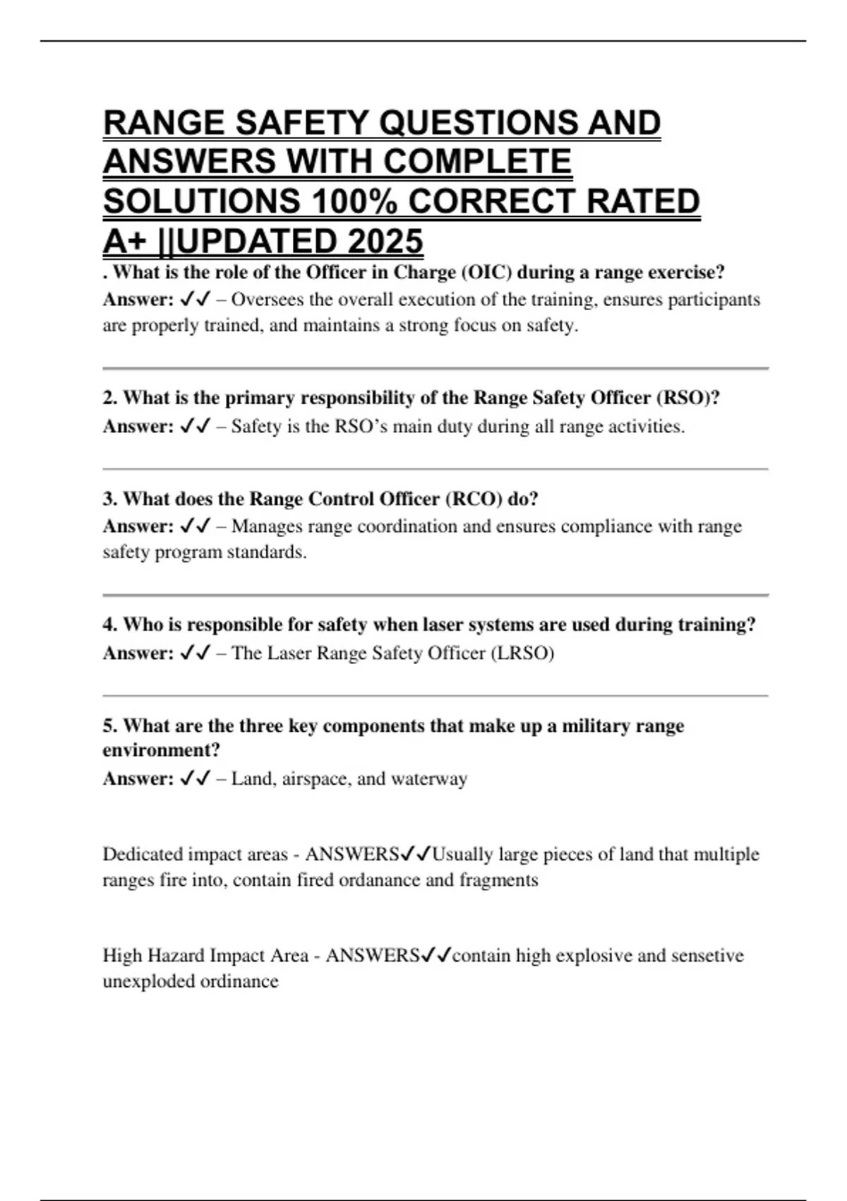 RANGE SAFETY QUESTIONS AND ANSWERS WITH COMPLETE SOLUTIONS 100% CORRECT RATED A+ ||UPDATED 2025 ...