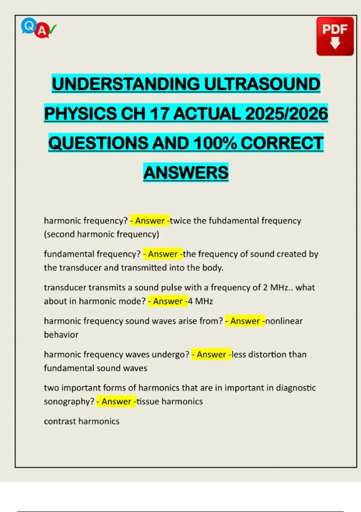 UNDERSTANDING ULTRASOUND PHYSICS CH 17 ACTUAL 2025/2026 QUESTIONS AND ...