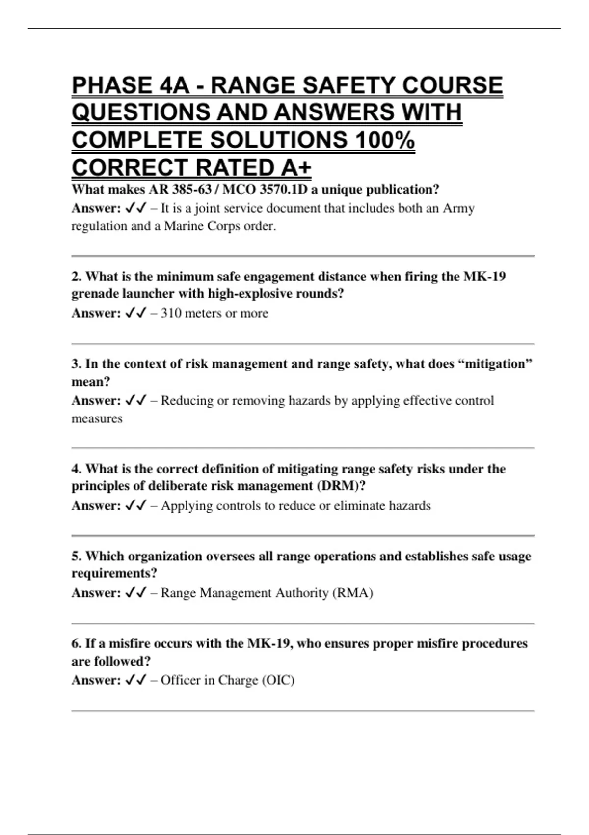 PHASE 4A - RANGE SAFETY COURSE QUESTIONS AND ANSWERS WITH COMPLETE SOLUTIONS 100% CORRECT RATED ...
